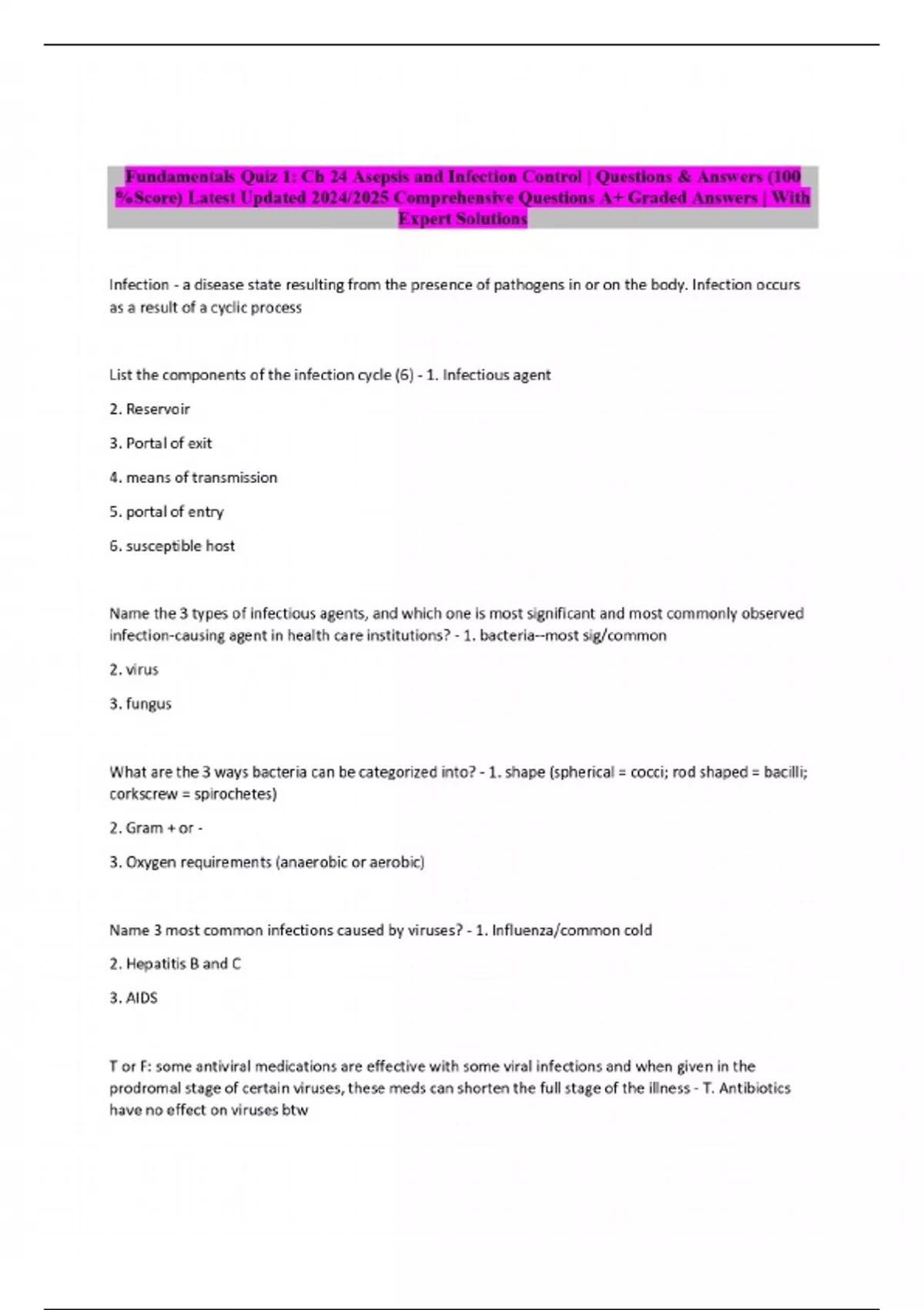 Fundamentals Quiz 1: Ch 24 Asepsis and Infection Control | Questions ...