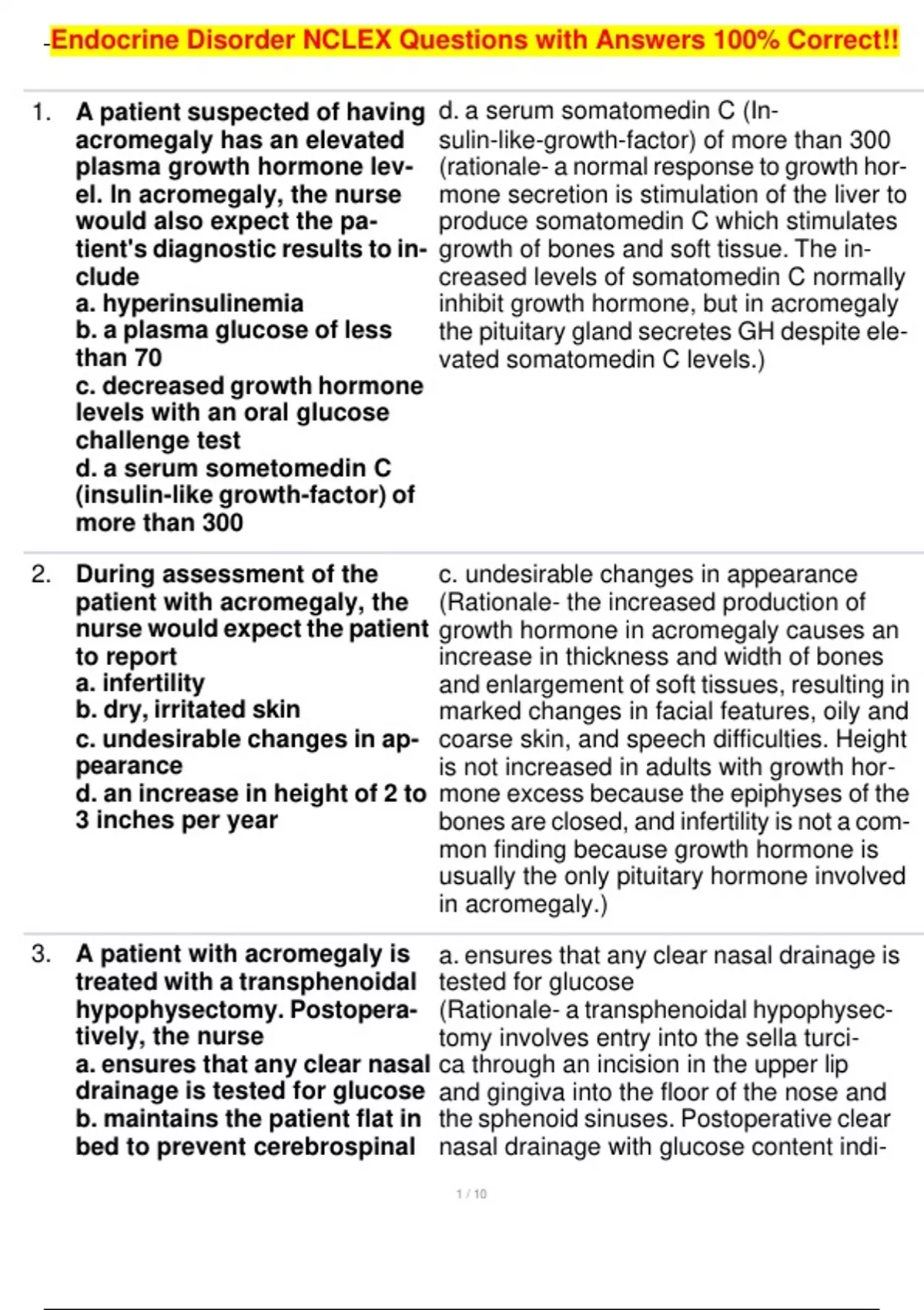 Endocrine Disorder NCLEX Questions with Answers 100% Correct!! - Rn ...