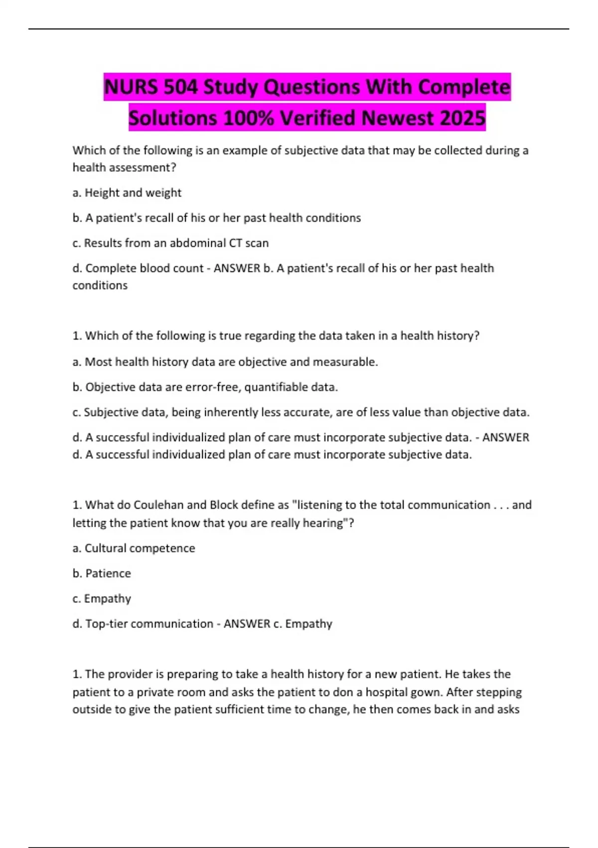 NURS 504 Study Questions With Complete Solutions 100% Verified Newest 2025 - NURS 504 - Stuvia US