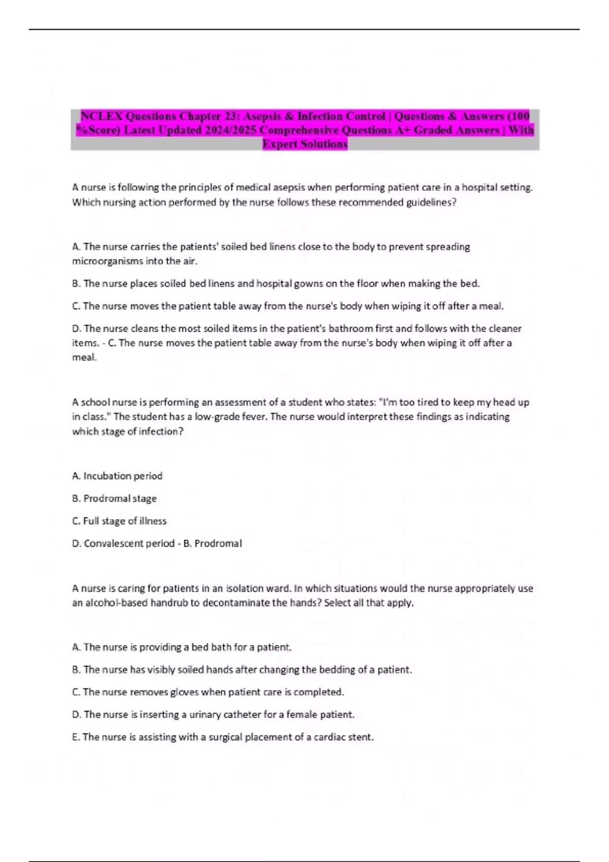 NCLEX Questions Chapter 23: Asepsis & Infection Control | Questions ...