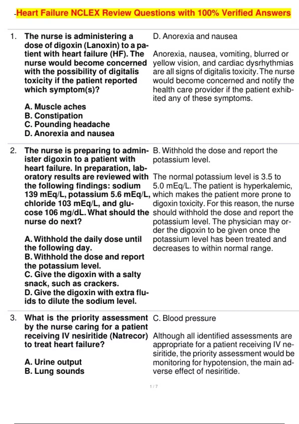 Heart Failure NCLEX Review Questions with 100% Verified Answers - Heart ...