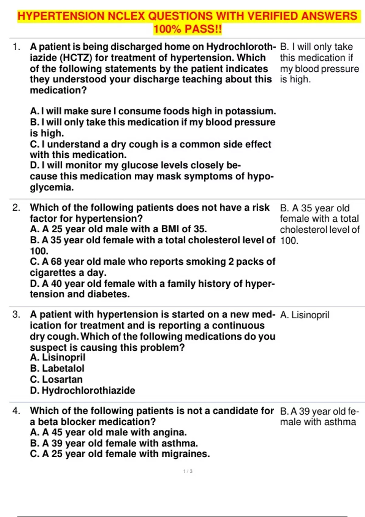 HYPERTENSION NCLEX QUESTIONS WITH VERIFIED ANSWERS 100% PASS ...