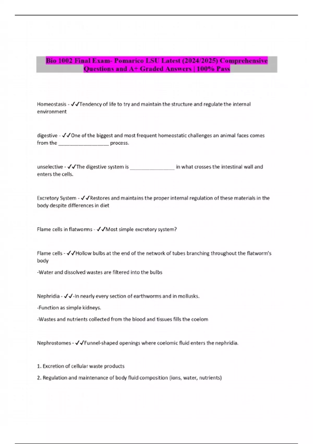 Bio 1002 Final Exam Pomarico Lsu Latest 2024 2025 Comprehensive Questions And A Graded