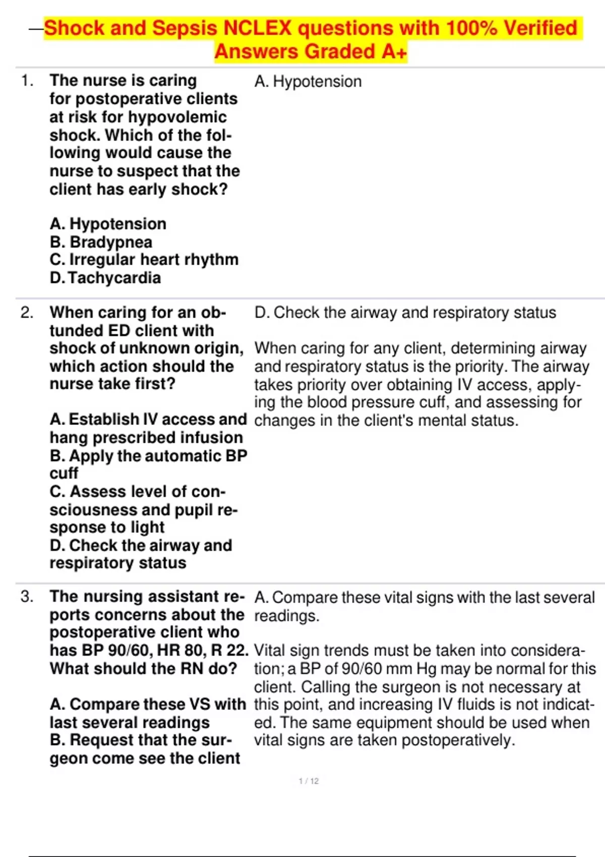 Shock and Sepsis NCLEX questions with 100% Verified Answers Graded A+ ...