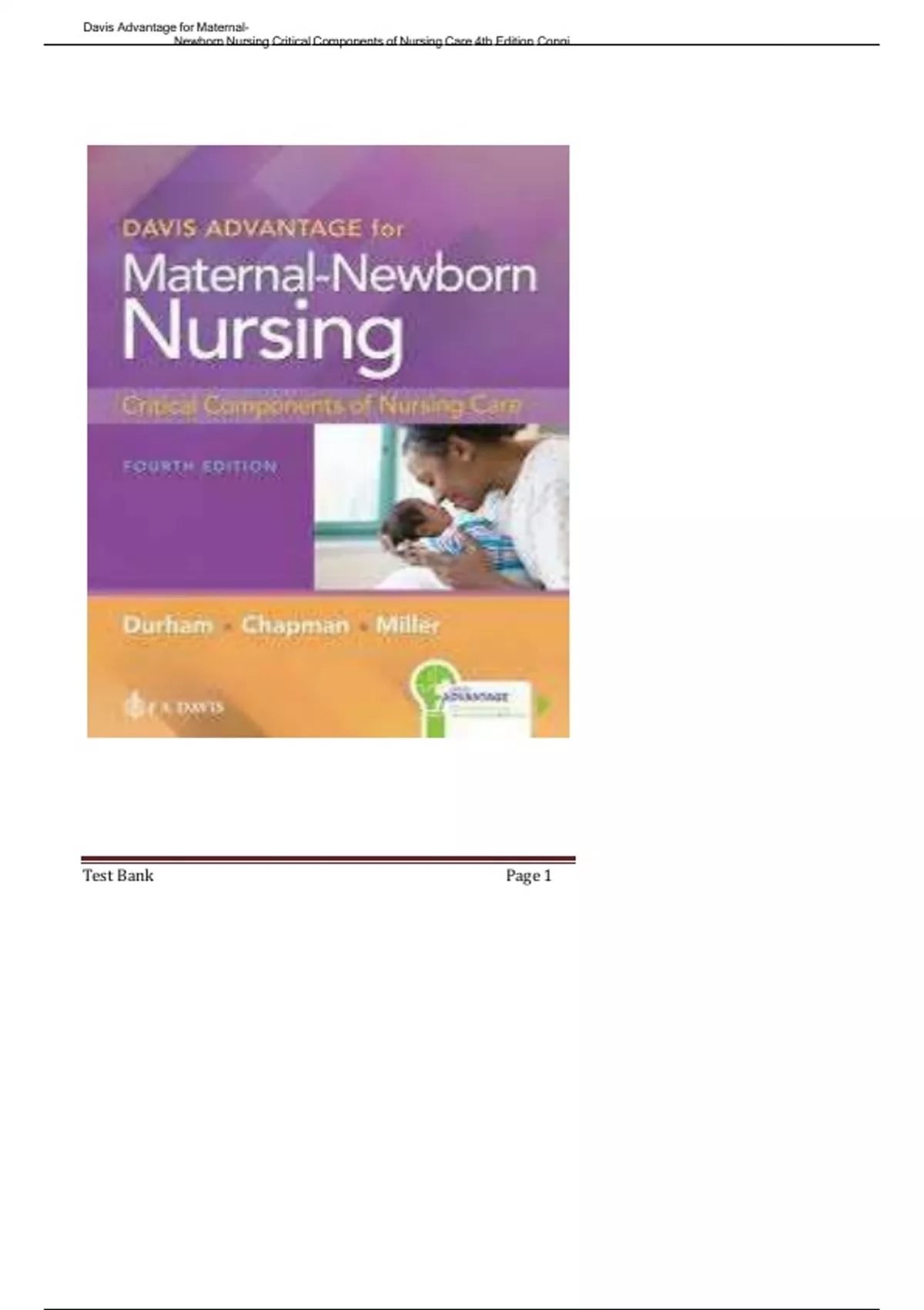 Test Bank for Davis Advantage for Maternal Newborn Nursing: Critical ...