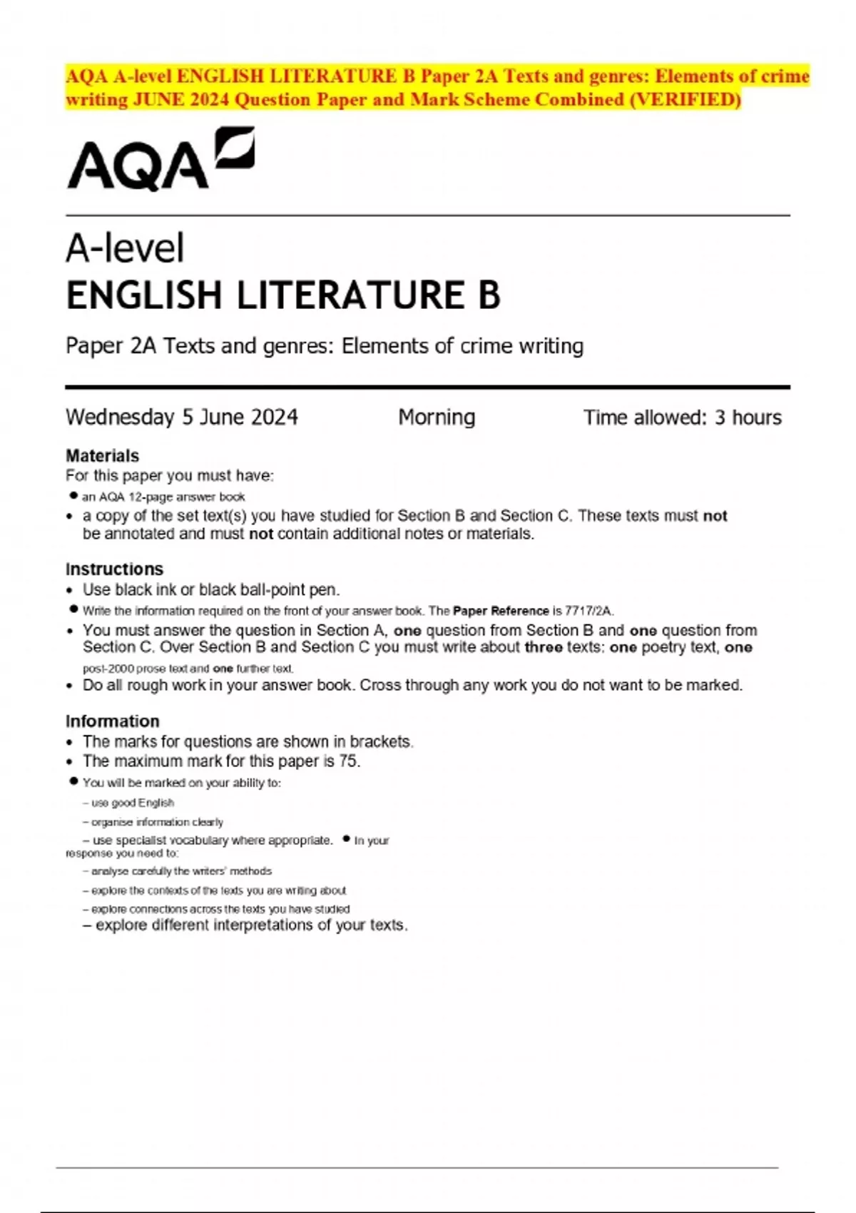 AQA A-level ENGLISH LITERATURE B Paper 2A Texts and genres: Elements of ...