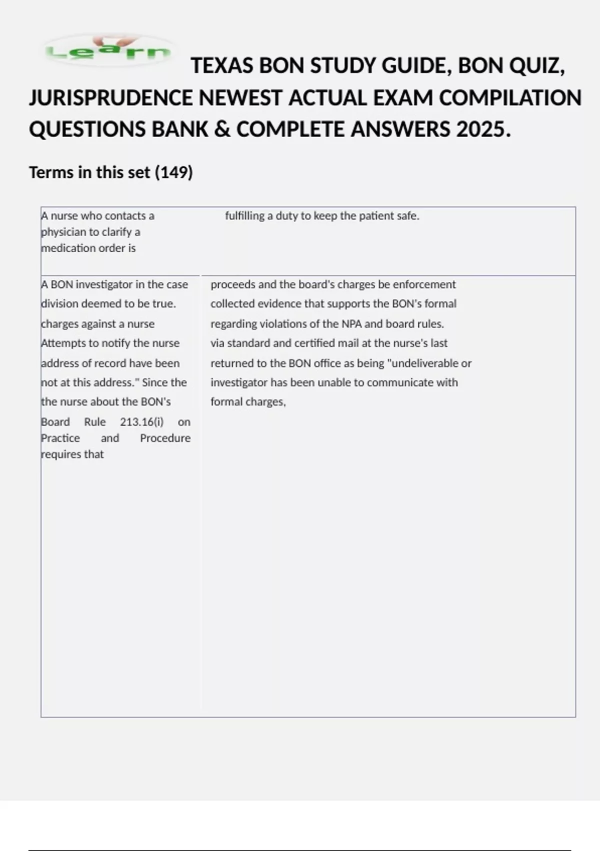 TEXAS BON STUDY GUIDE, BON QUIZ, JURISPRUDENCE NEWEST ACTUAL EXAM ...