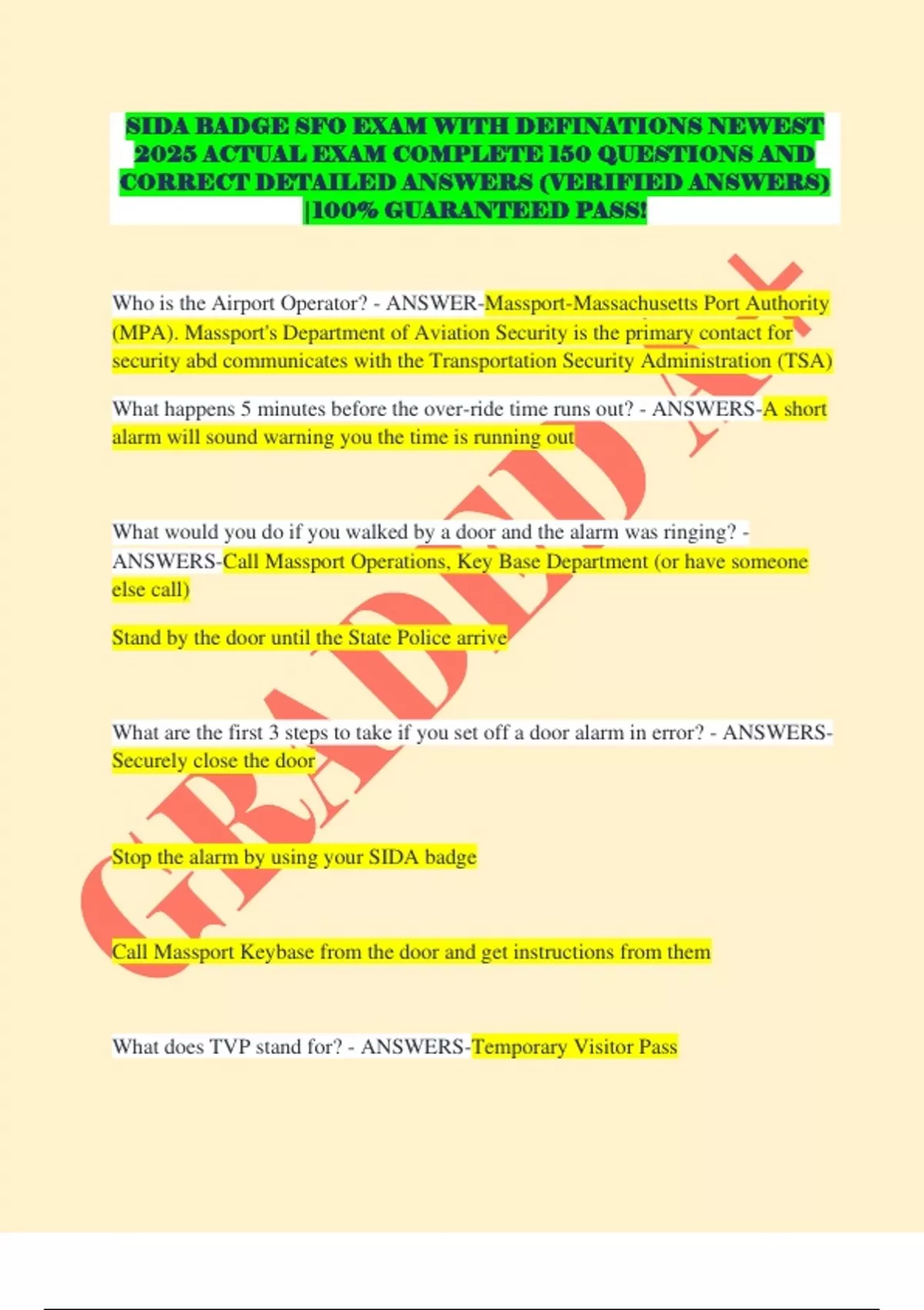 SIDA BADGE SFO EXAM WITH DEFINATIONS NEWEST 2025 ACTUAL EXAM COMPLETE ...