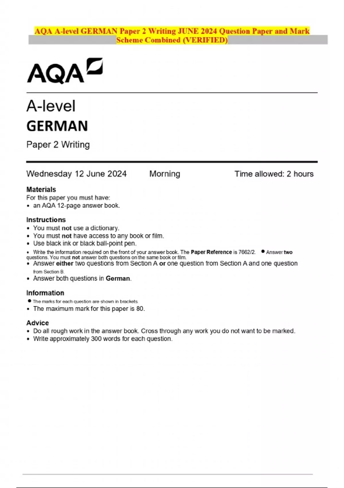 AQA A-level GERMAN Paper 2 Writing JUNE 2024 Question Paper and Mark ...