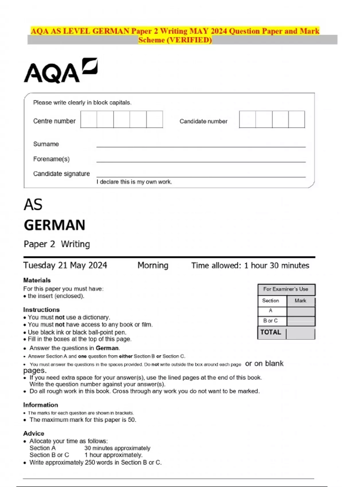 AQA AS LEVEL GERMAN Paper 2 Writing MAY 2024 Question Paper and Mark ...