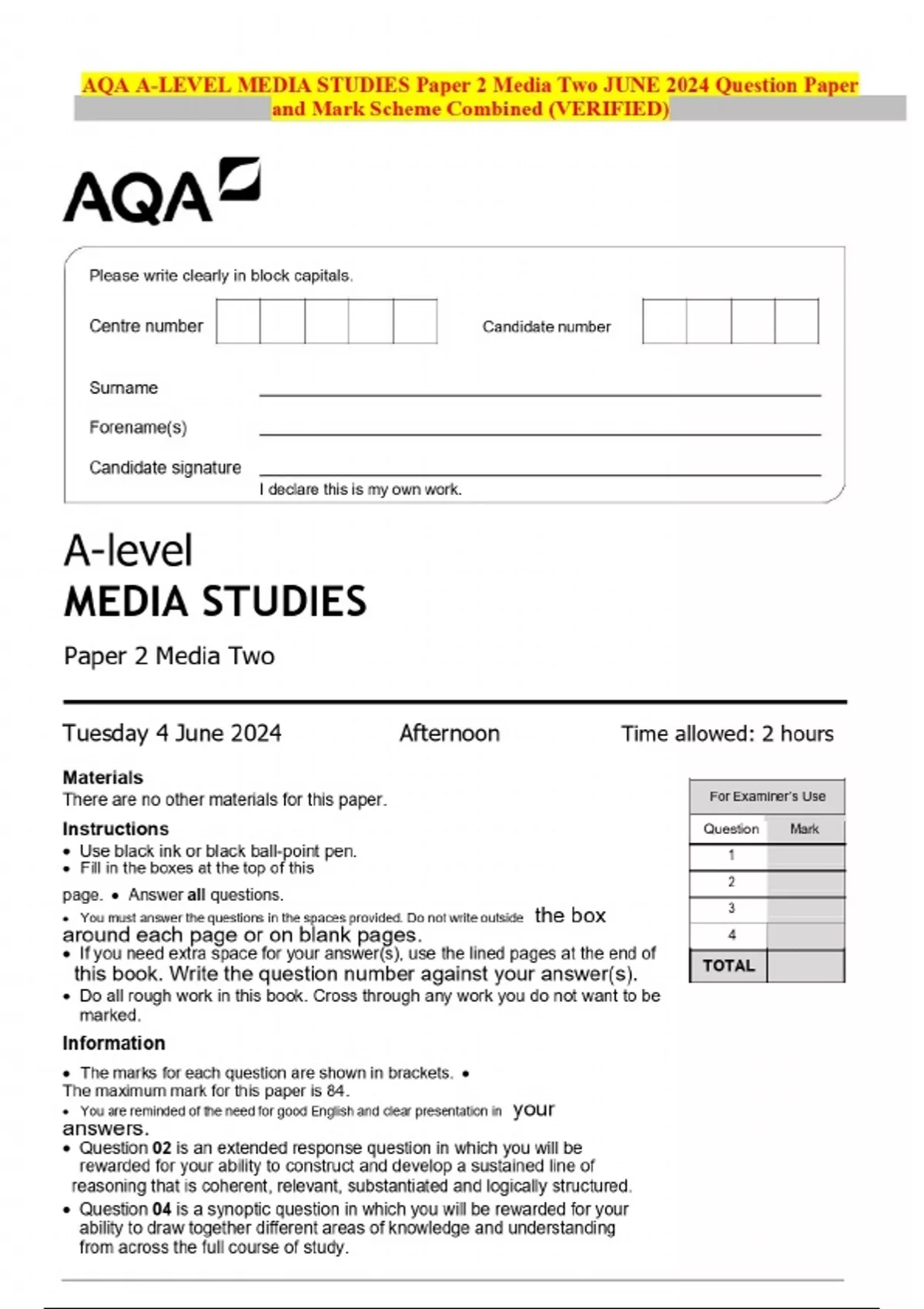 AQA A-LEVEL MEDIA STUDIES Paper 2 Media Two JUNE 2024 Question Paper ...