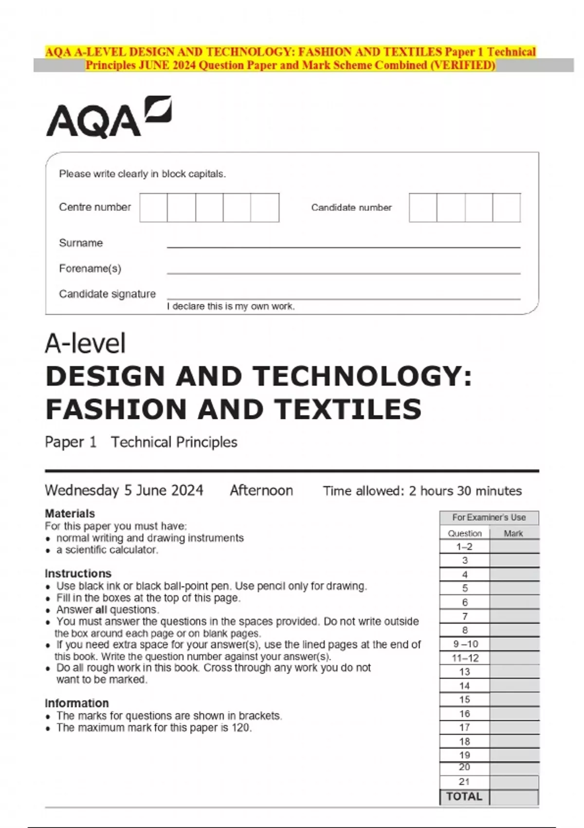 AQA A-LEVEL DESIGN AND TECHNOLOGY: FASHION AND TEXTILES Paper 1 ...