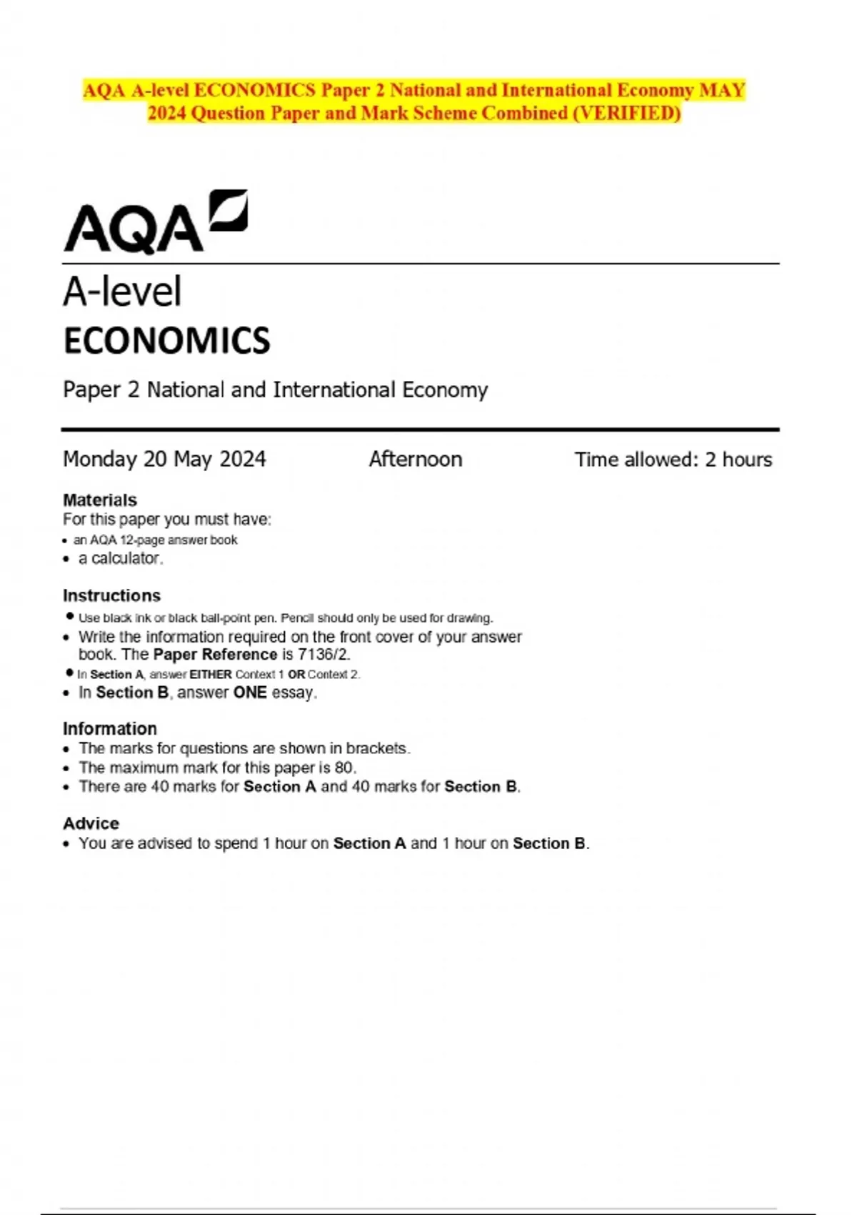 AQA A-level ECONOMICS Paper 2 National and International Economy MAY ...