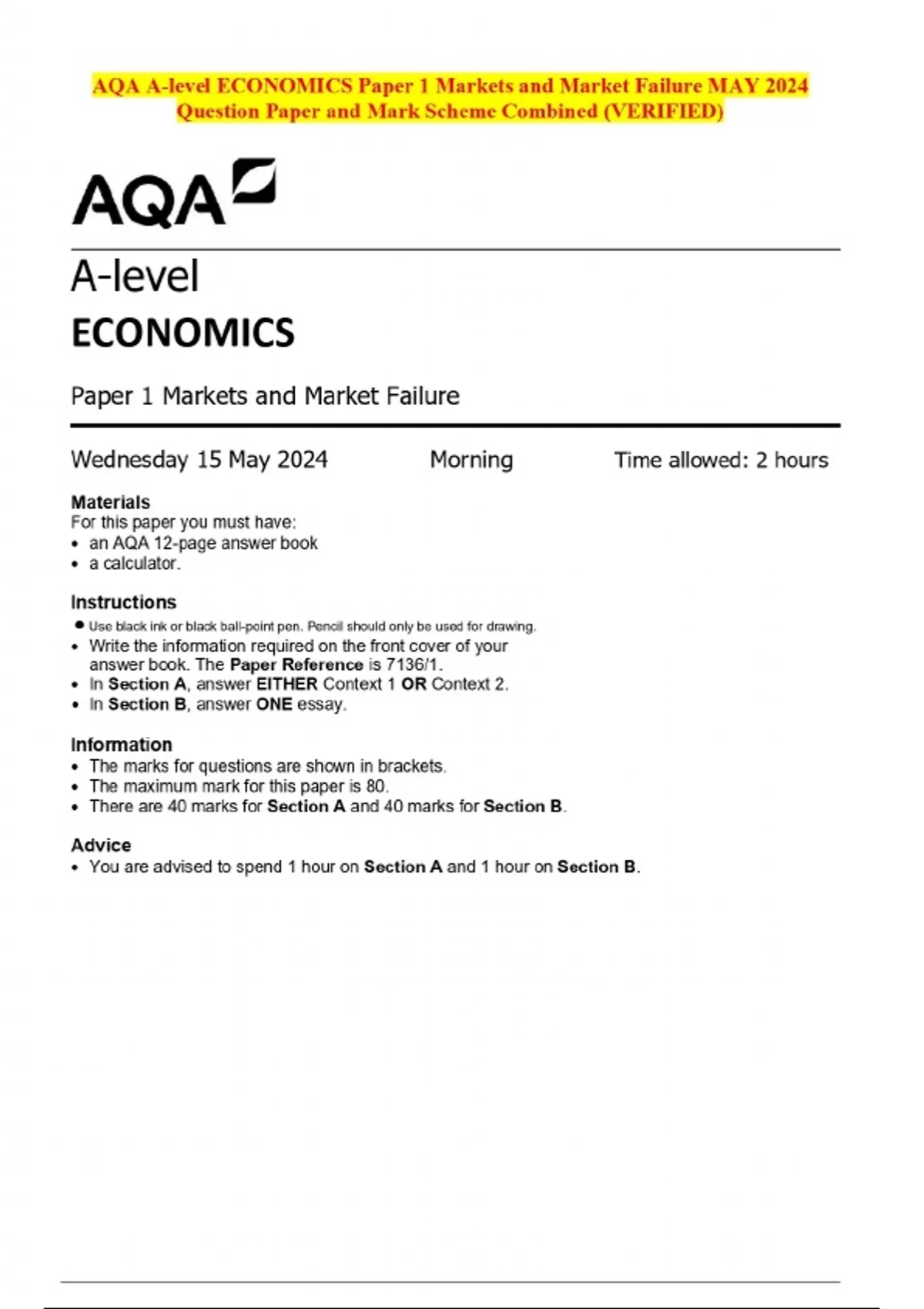 AQA A-level ECONOMICS Paper 1 Markets and Market Failure MAY 2024 ...