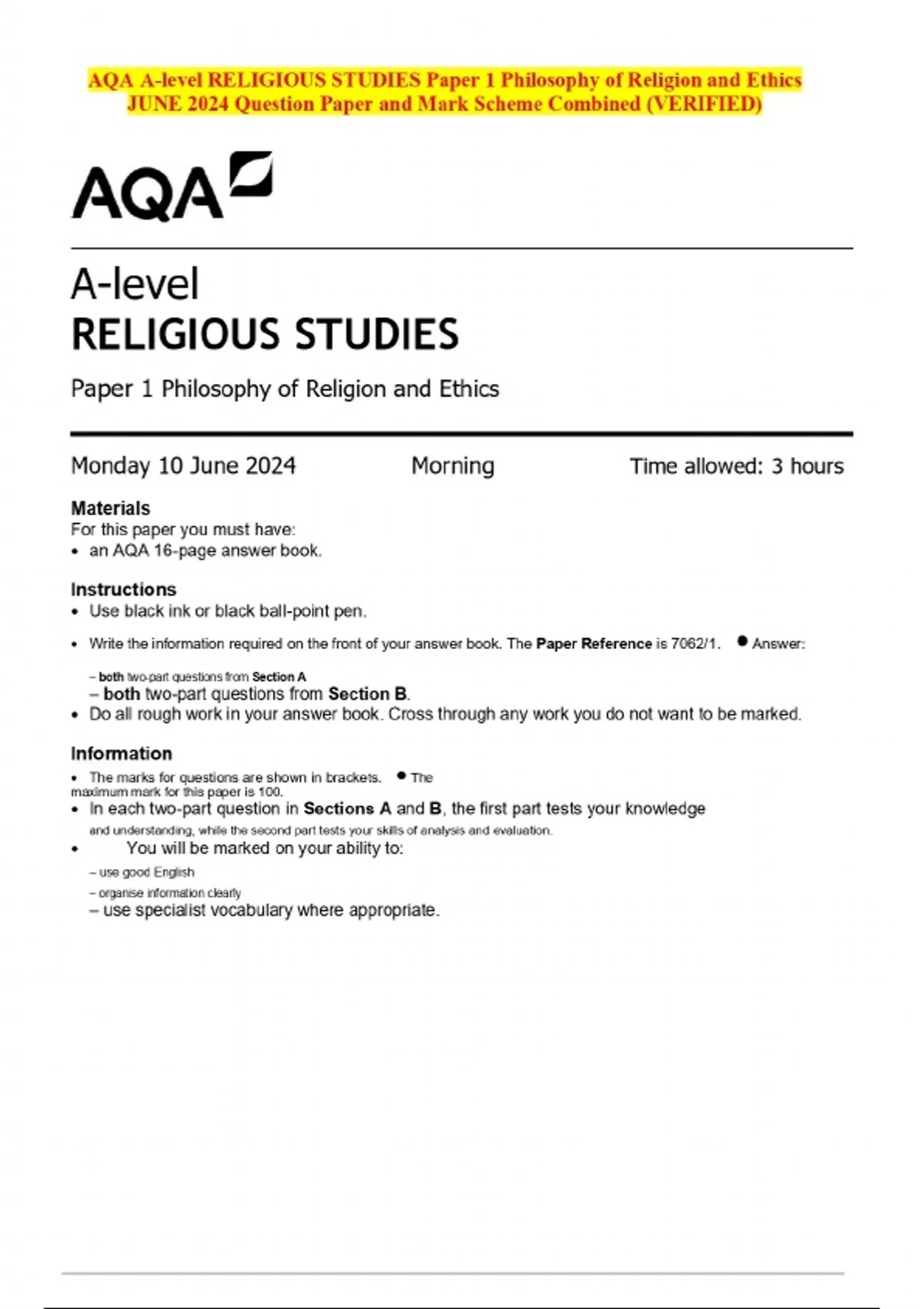 AQA A-level RELIGIOUS STUDIES Paper 1 Philosophy of Religion and Ethics ...
