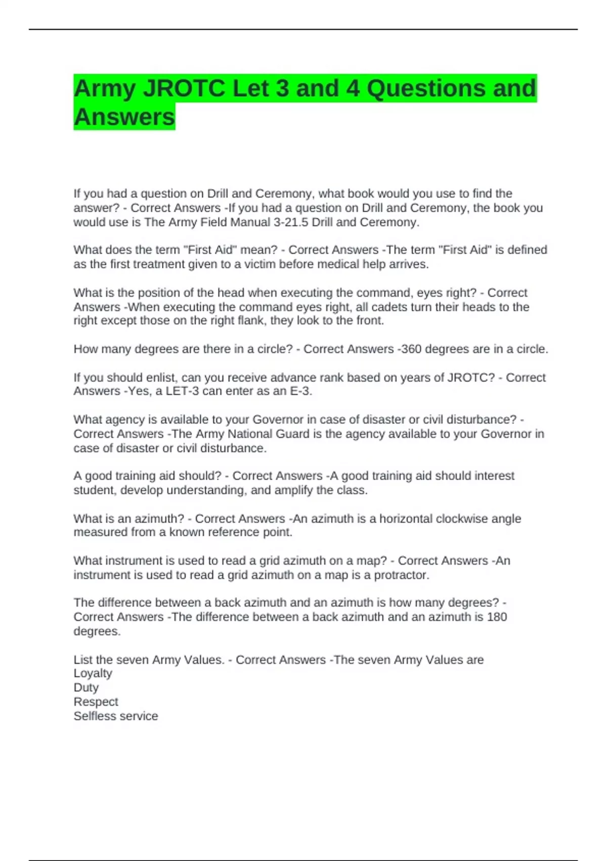 Army JROTC Let 3 and 4 Questions and Answers - JROTC - Stuvia US