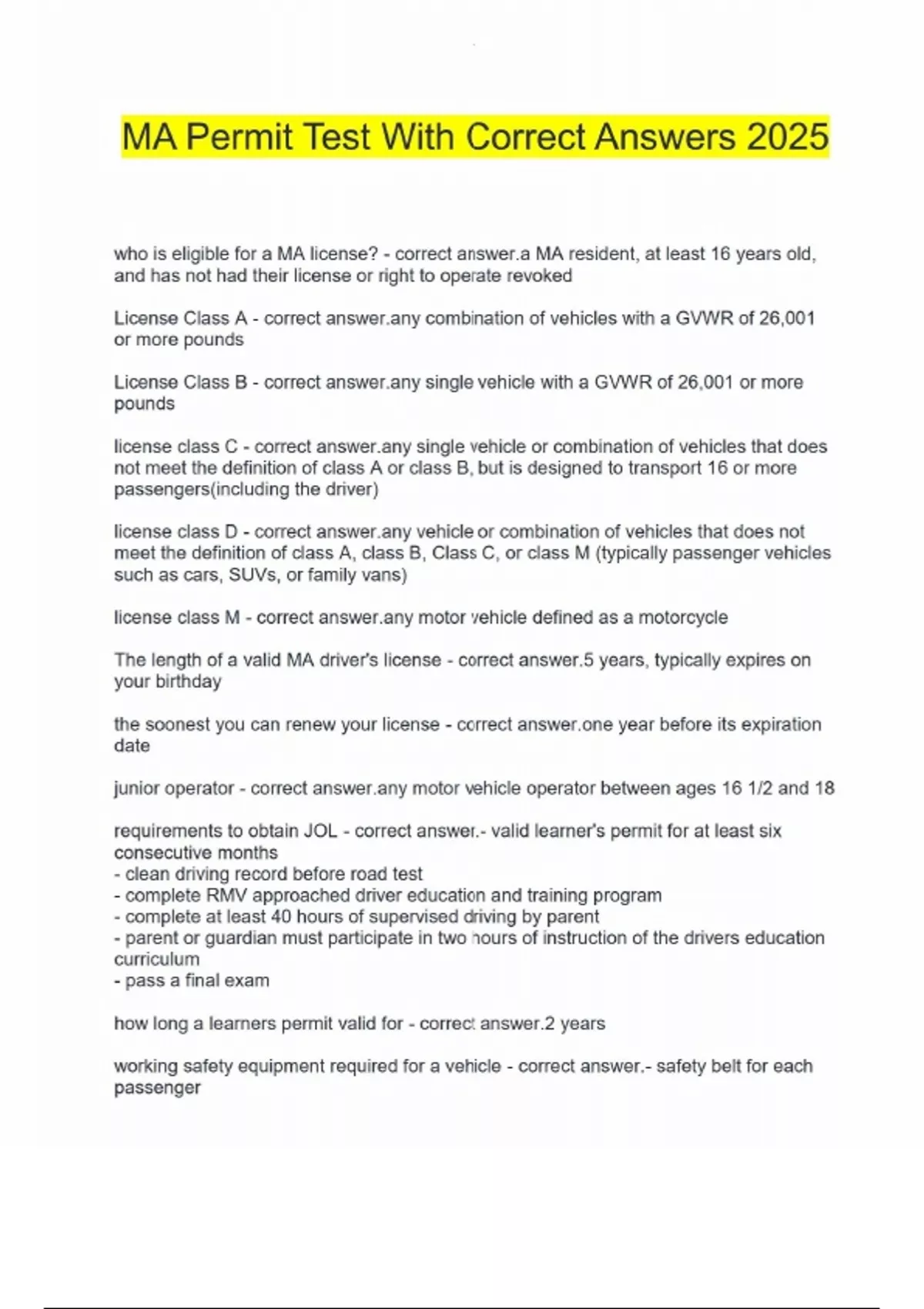 MA Permit Test With Correct Answers 2025 - MA Permit - Stuvia US