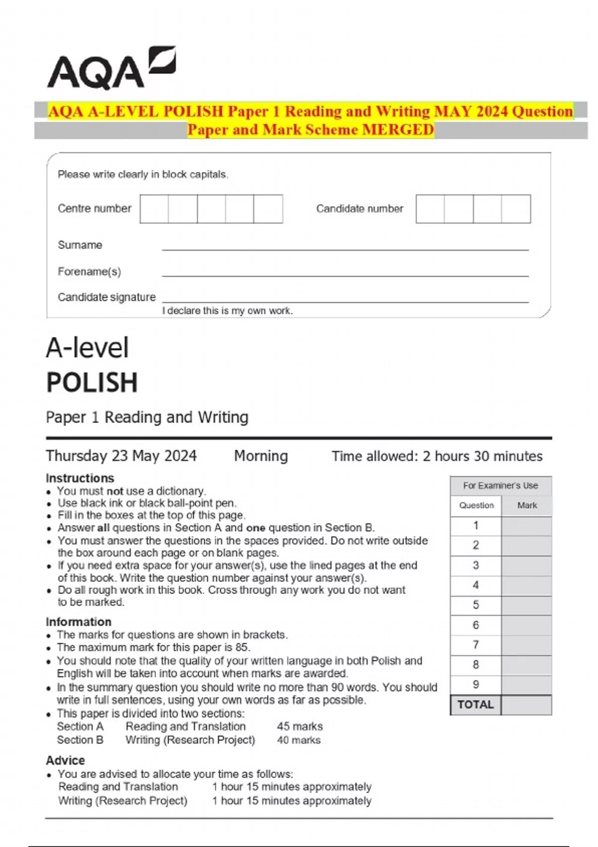 AQA A-LEVEL POLISH Paper 1 Reading and Writing MAY 2024 Question Paper ...