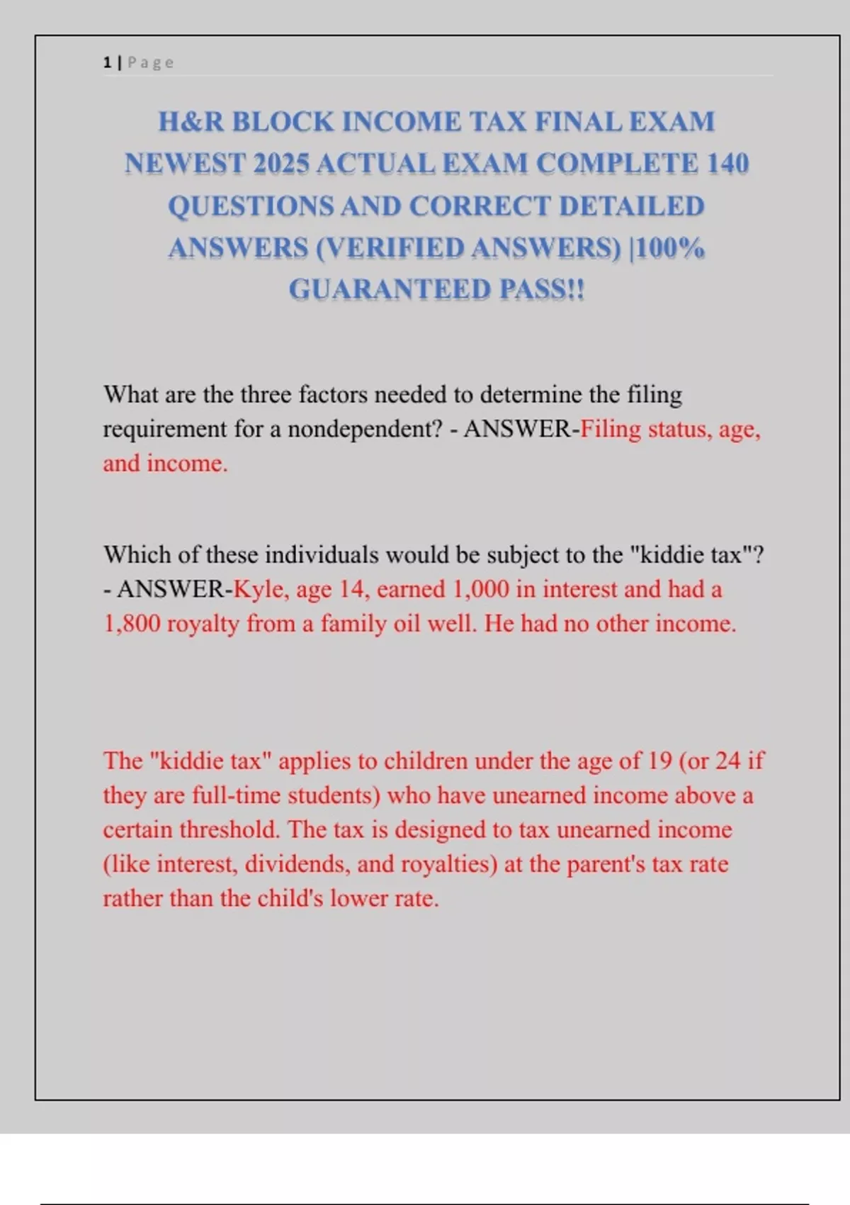 H&R BLOCK INCOME TAX FINAL EXAM NEWEST 2025 ACTUAL EXAM COMPLETE 140 ...
