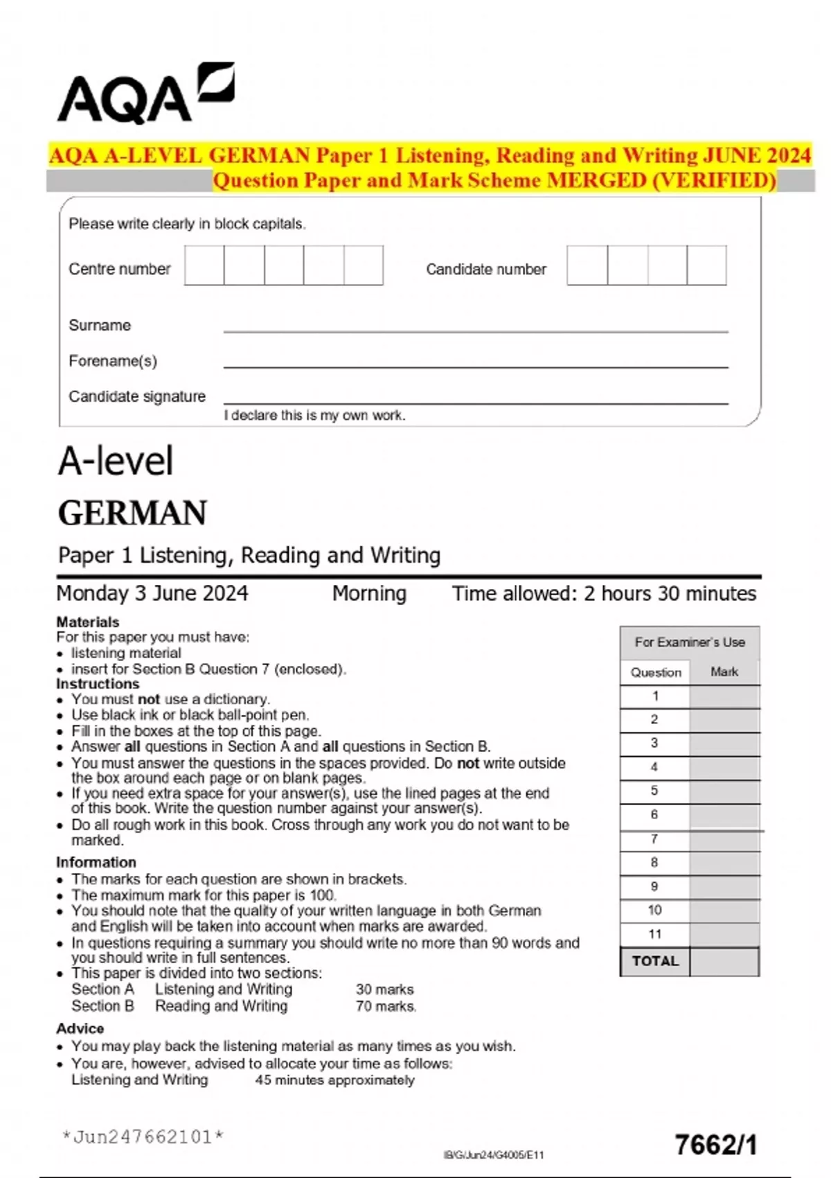AQA A-LEVEL GERMAN Paper 1 Listening, Reading and Writing JUNE 2024 ...