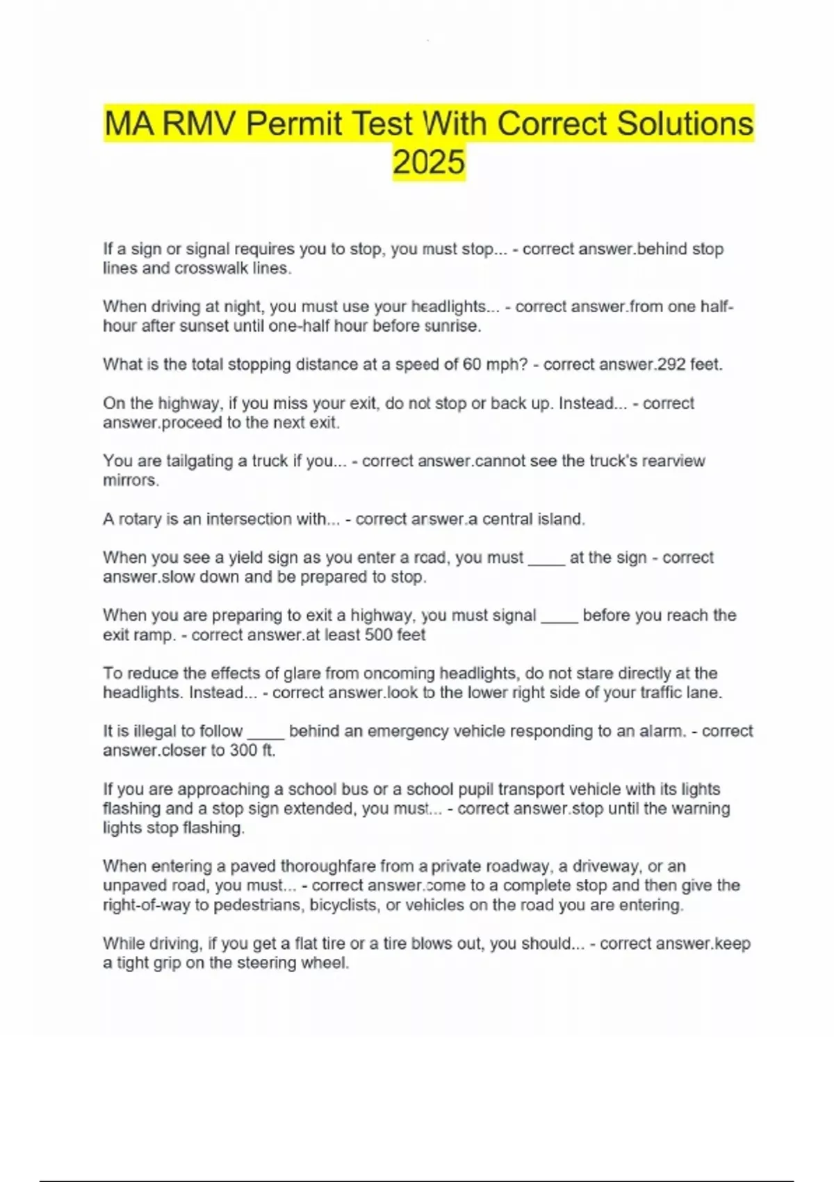 MA RMV Permit Test With Correct Solutions 2025 - MA RMV Permit - Stuvia US