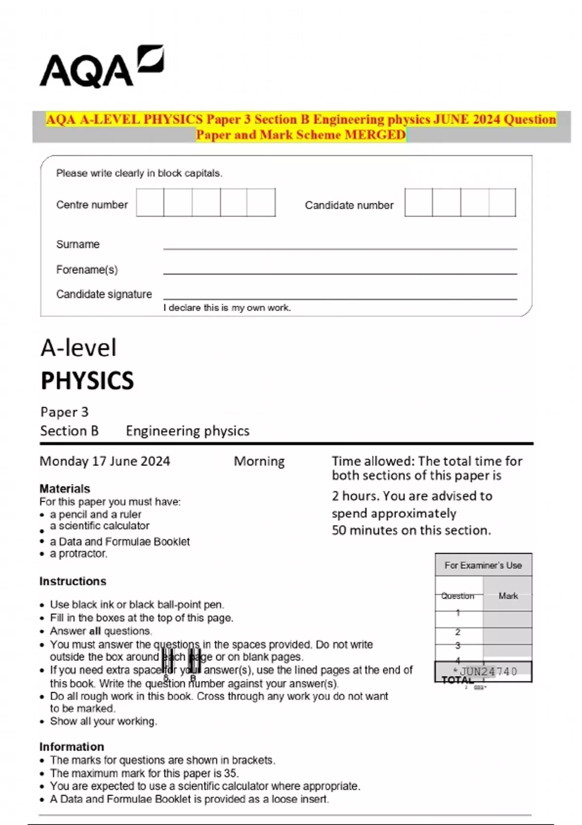 AQA A-LEVEL PHYSICS Paper 3 Section B Engineering physics JUNE 2024 ...