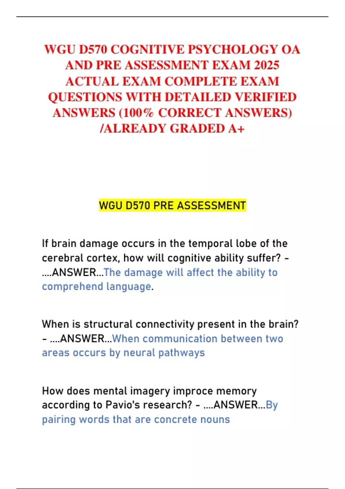WGU D570 COGNITIVE PSYCHOLOGY OA AND PRE ASSESSMENT EXAM 2025 ACTUAL ...