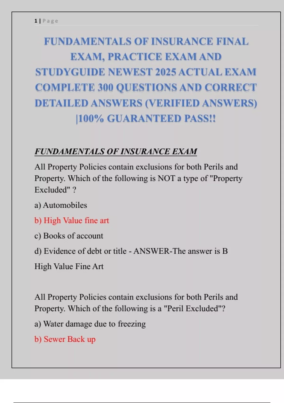 FUNDAMENTALS OF INSURANCE FINAL EXAM, PRACTICE EXAM AND STUDYGUIDE ...