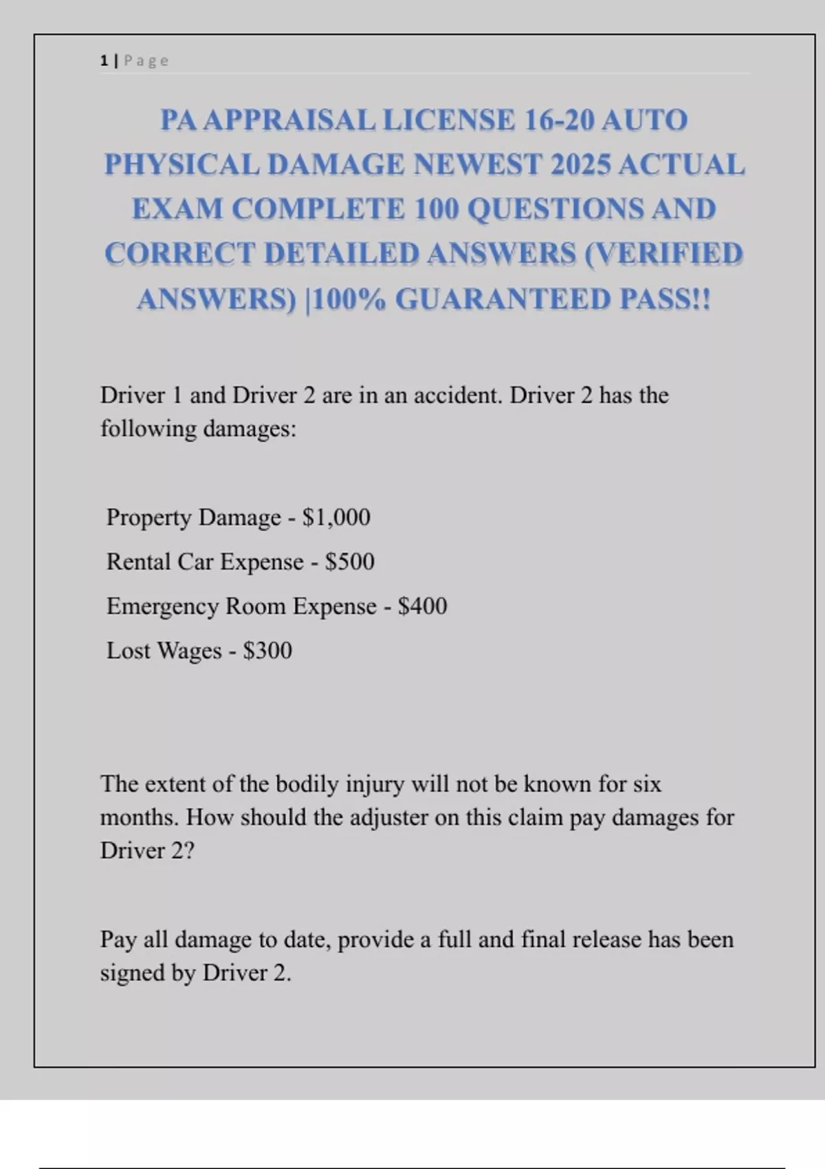 PA APPRAISAL LICENSE 16-20 AUTO PHYSICAL DAMAGE NEWEST 2025 ACTUAL EXAM ...