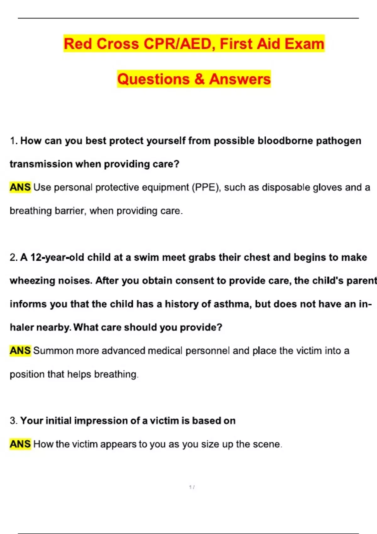 American Red Cross First Aid and CPR AED Test (Latest 2025 / 2026 ...