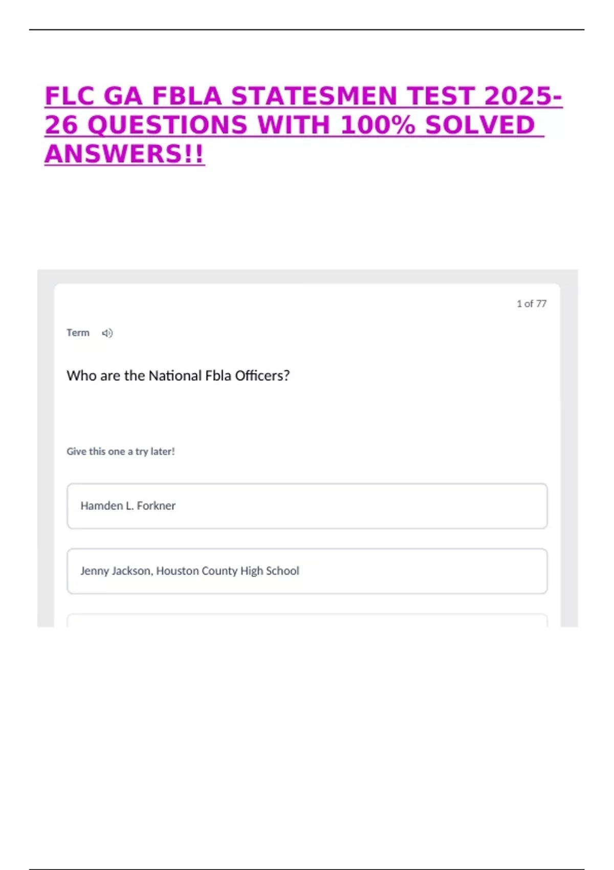 FLC GA FBLA STATESMEN TEST 2025-26 QUESTIONS WITH 100% SOLVED ANSWERS ...
