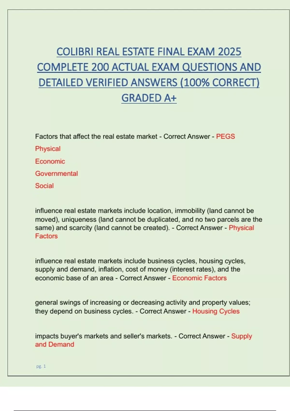 COLIBRI REAL ESTATE FINAL EXAM 2025 COMPLETE 200 ACTUAL EXAM QUESTIONS ...