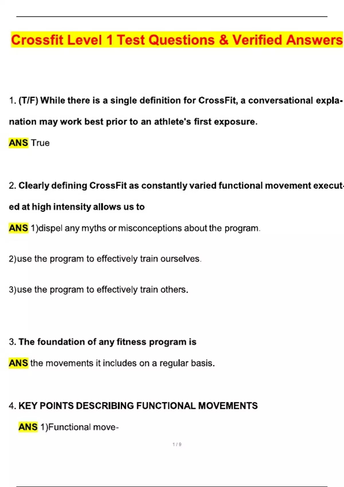 Crossfit Level 1 Test (Latest 2025 / 2026 Update) Questions and ...