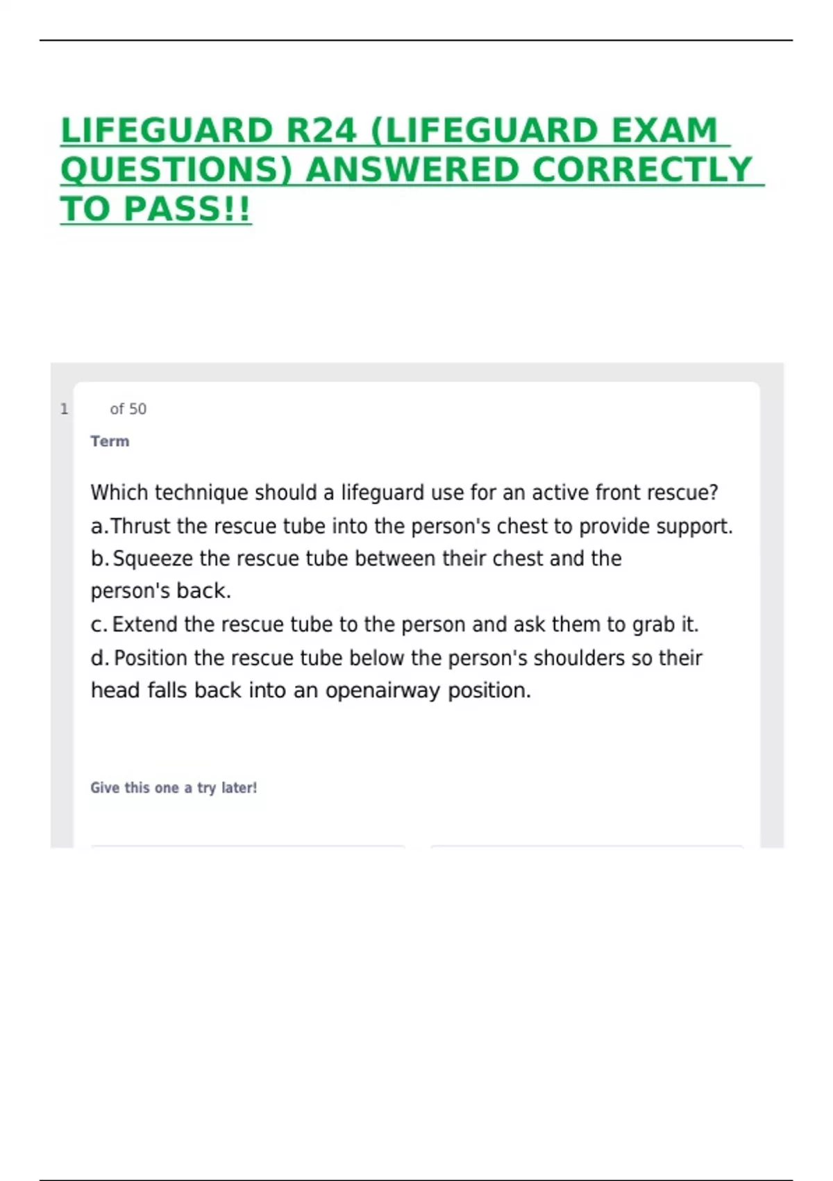 LIFEGUARD R24 (LIFEGUARD EXAM QUESTIONS) ANSWERED CORRECTLY TO PASS ...