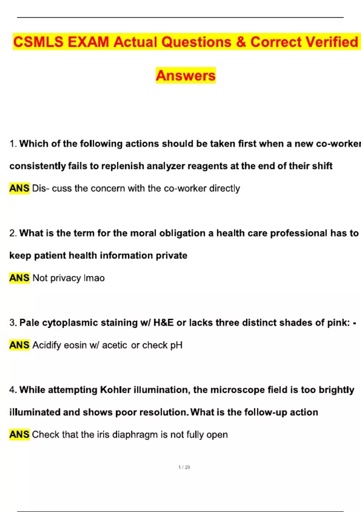 CSMLS Exam (Latest 2025 / 2026 Update) Questions and Verified Answers ...