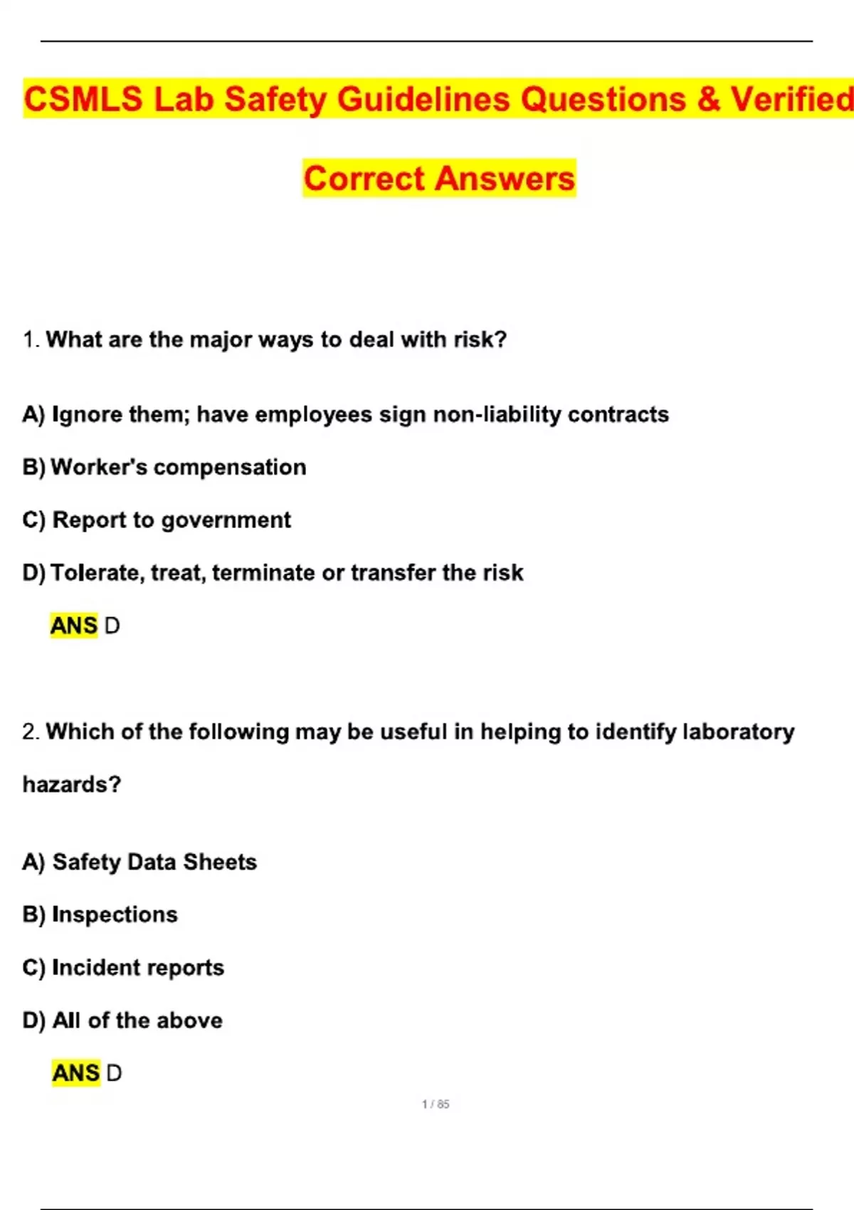 CSMLS Lab Safety Guidelines (Latest 2025 / 2026 Update) Questions and ...
