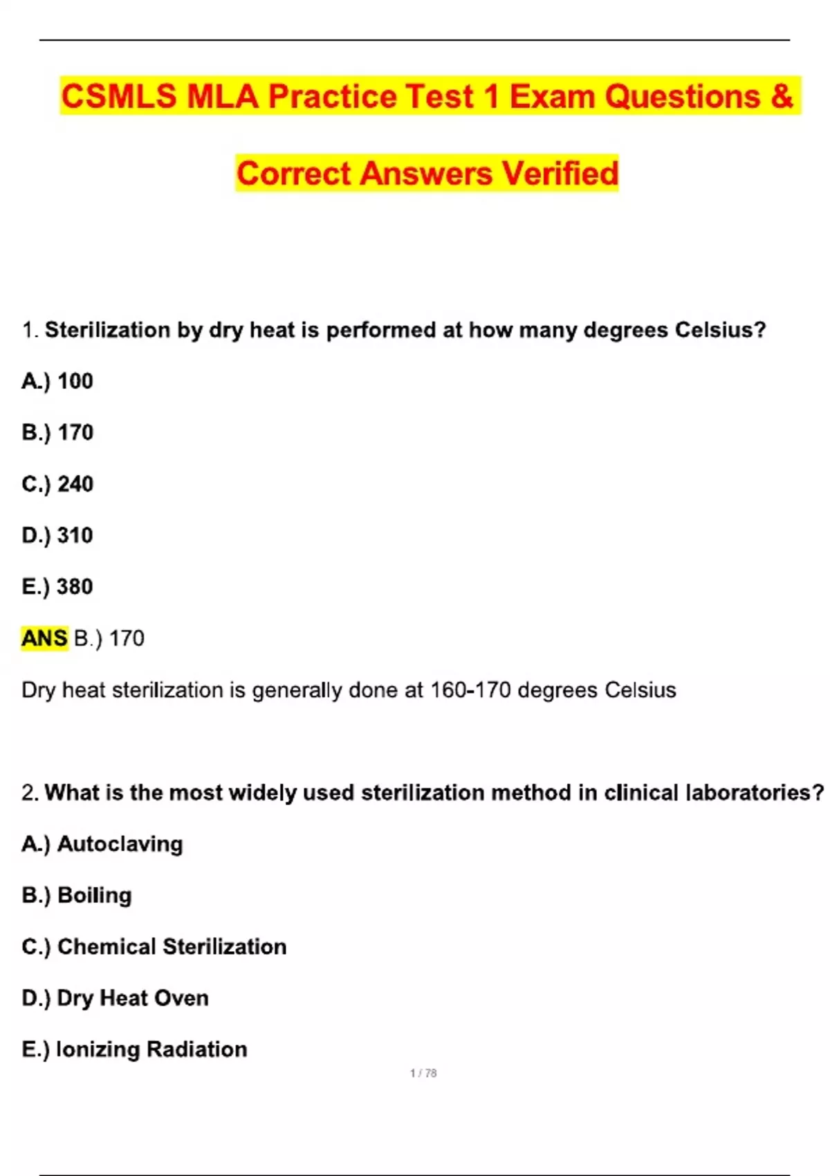 CSMLS MLA PRACTICE TEST 1 EXAM (Latest 2024 / 2025 Update) Questions ...
