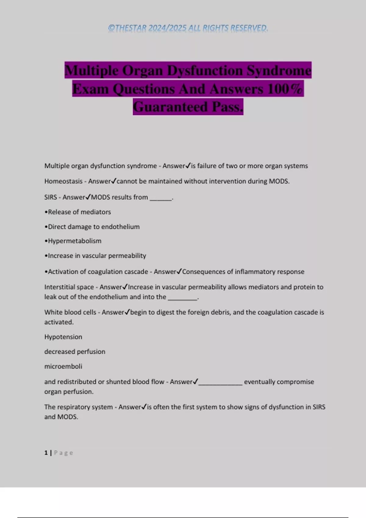 Multiple Organ Dysfunction Syndrome Exam Questions And Answers 100% ...