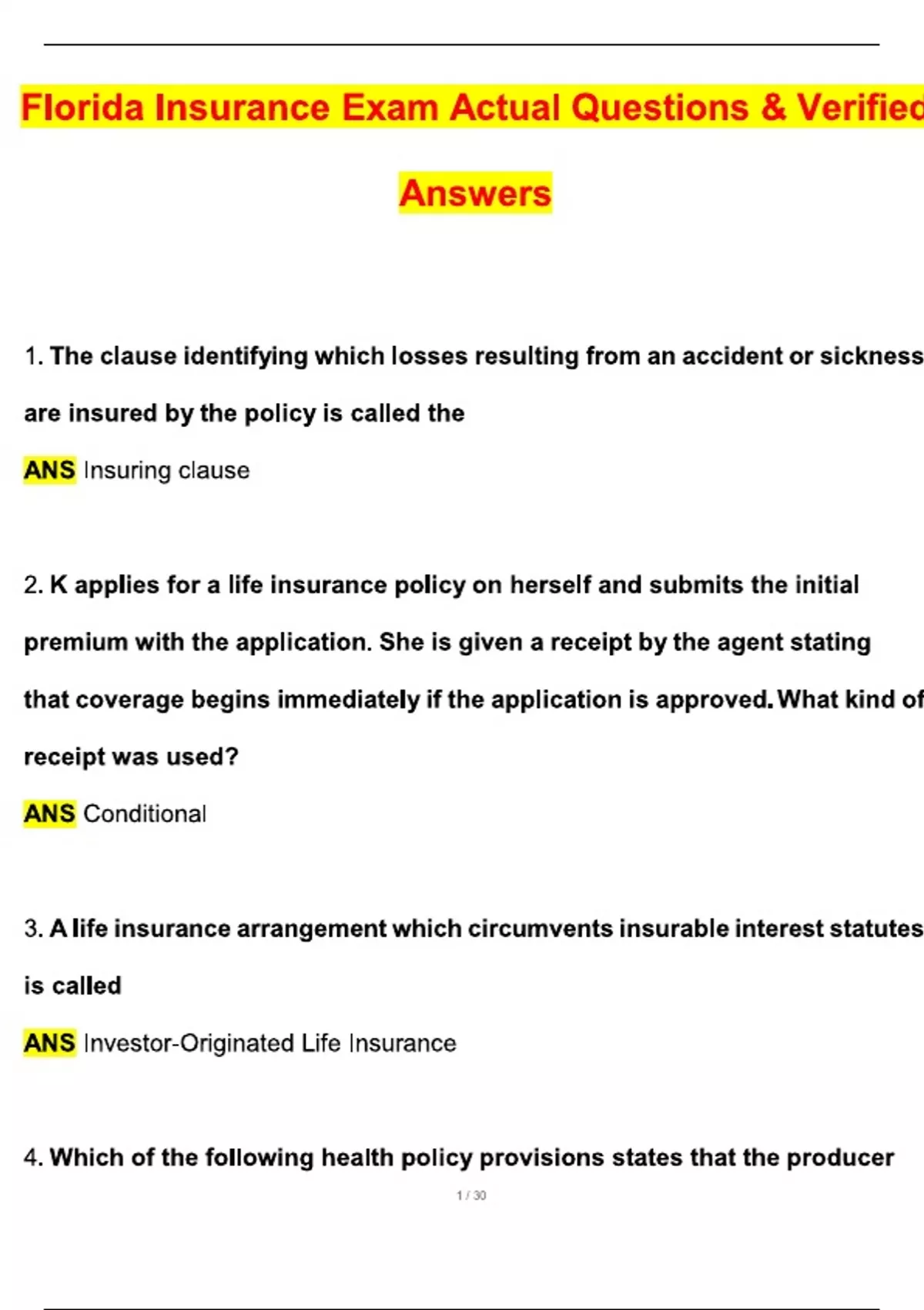 Florida Insurance Exam (Latest 2025 / 2026 Update) Questions and ...