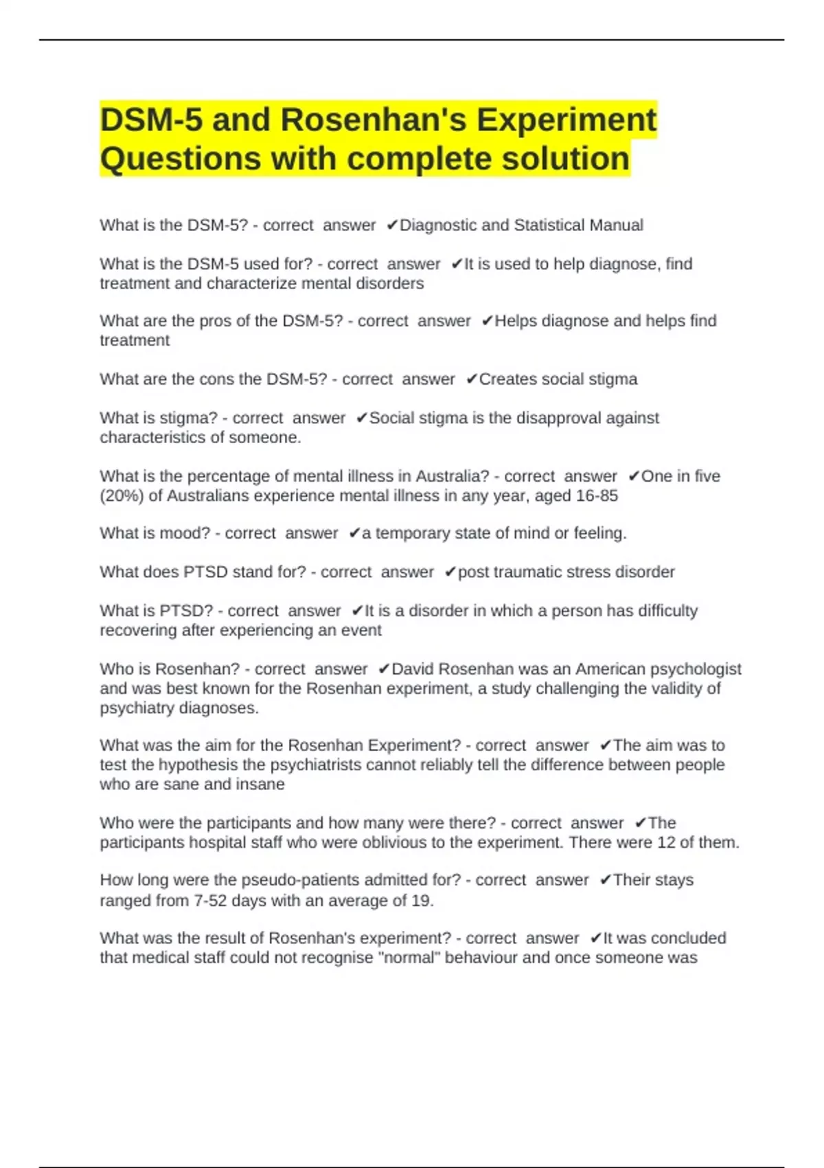 DSM-5 and Rosenhan's Experiment Questions with complete solution ...