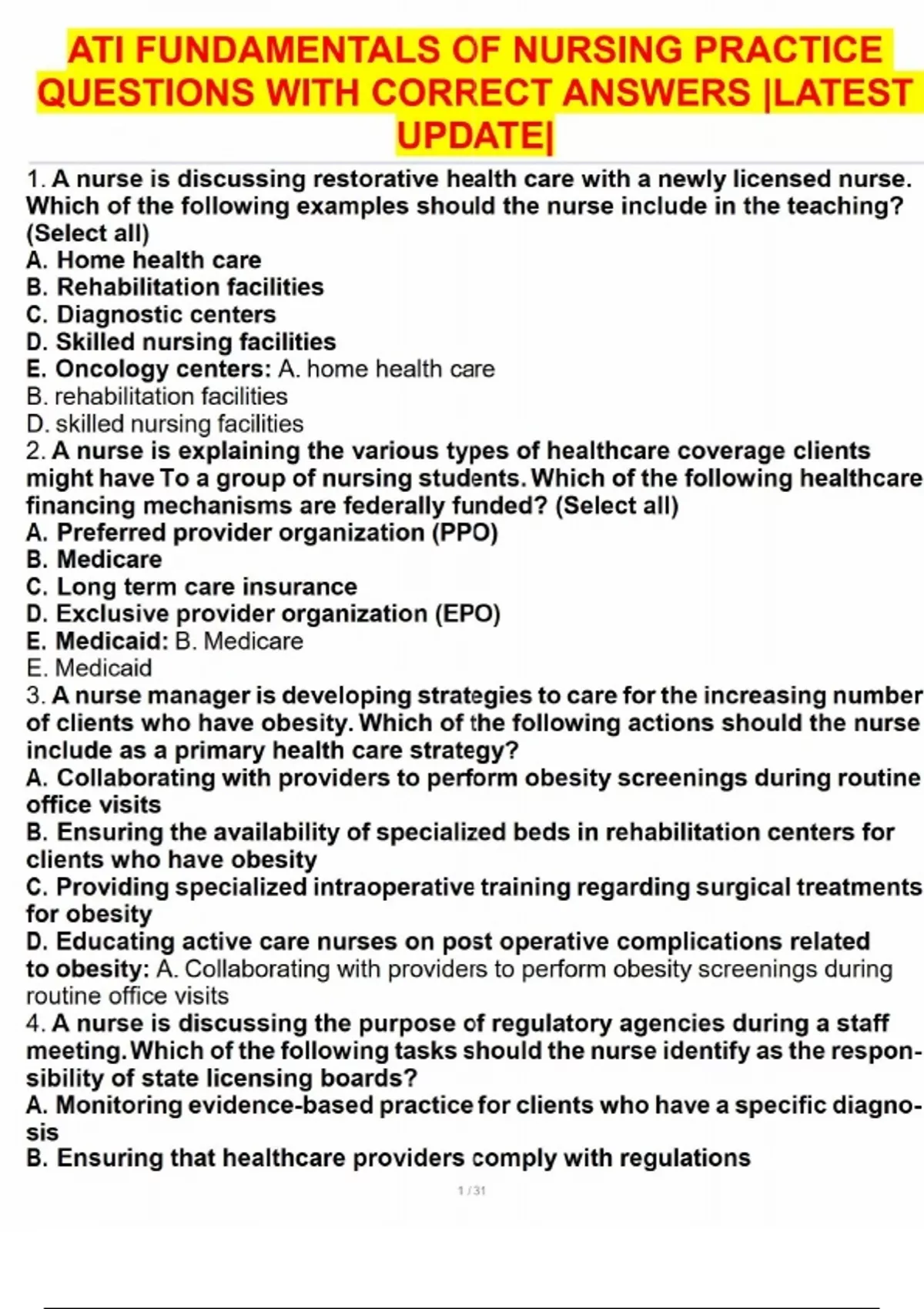 ATI FUNDAMENTALS OF NURSING PRACTICE QUESTIONS WITH CORRECT ANSWERS ...
