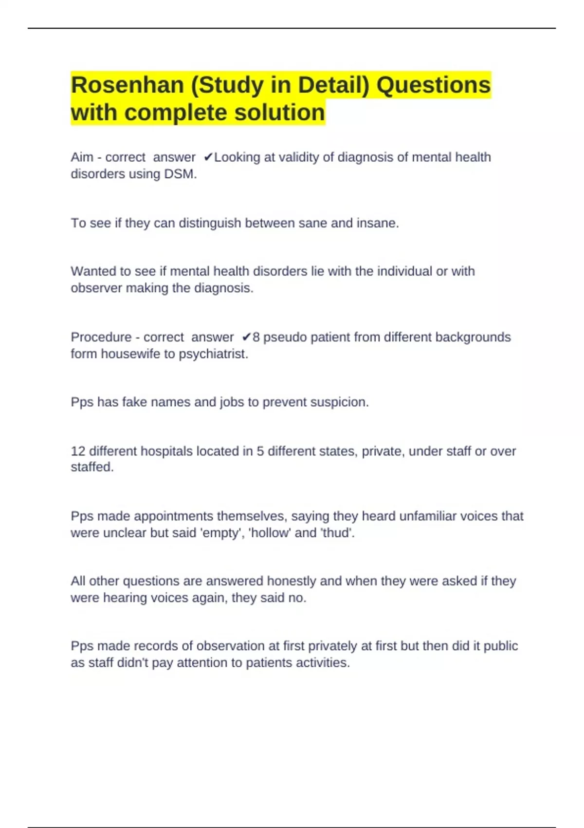 Rosenhan (Study in Detail) Questions with complete solution - Rosenhan ...