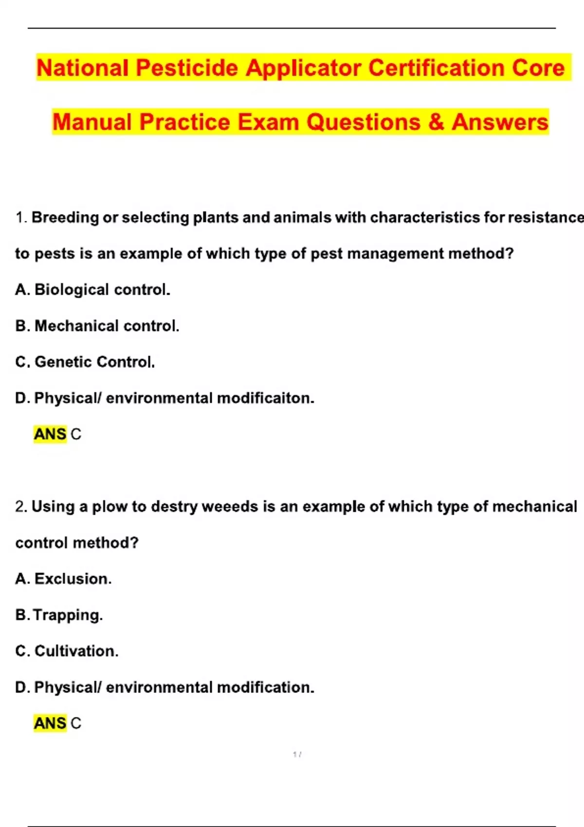 Practice Exam, National Pesticide Applicator Certification Core Manual ...