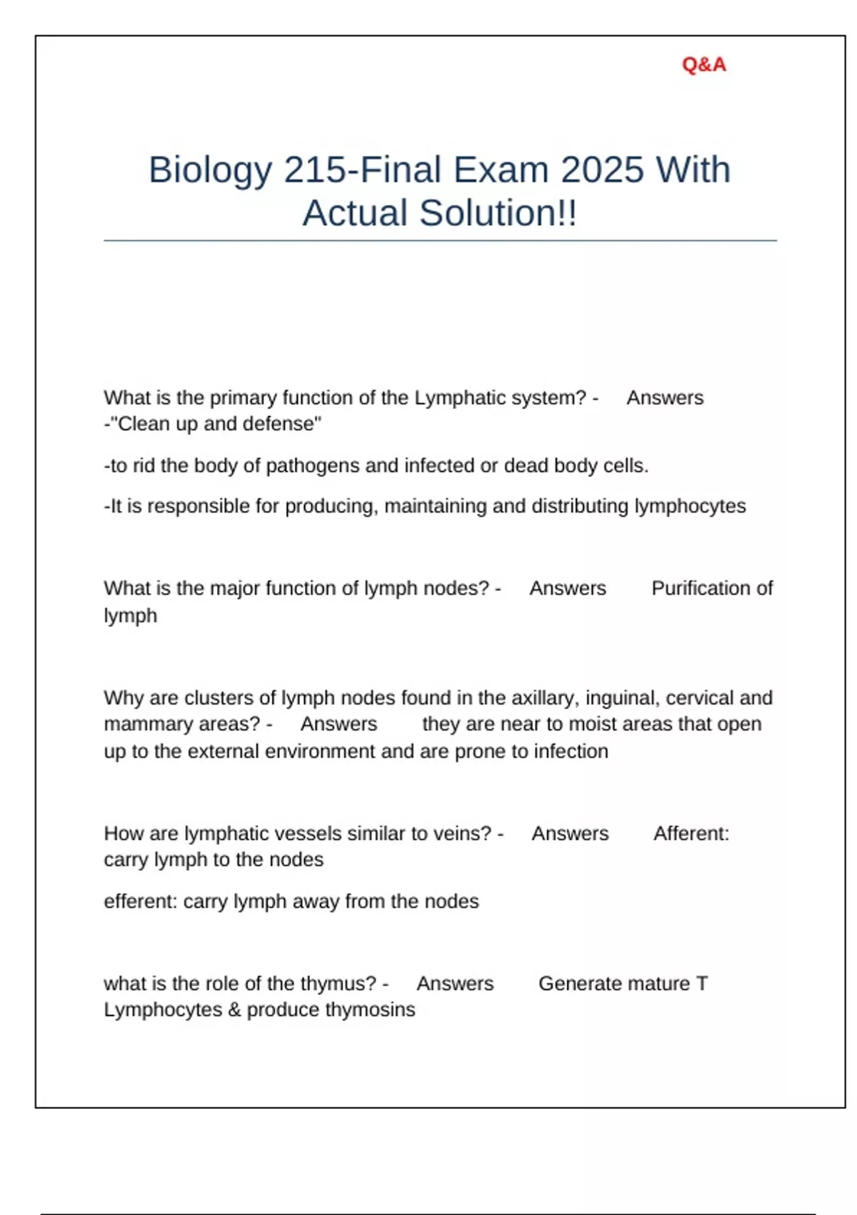 Biology 215-Final Exam 2025 With Actual Solution!! - BIOL 215 - Stuvia US