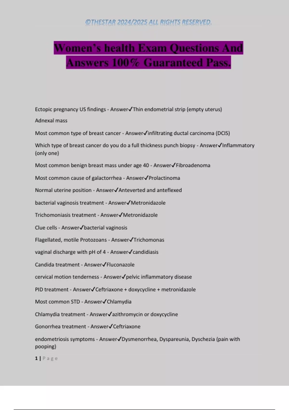 Women’s health Exam Questions And Answers 100% Guaranteed Pass. - Women ...