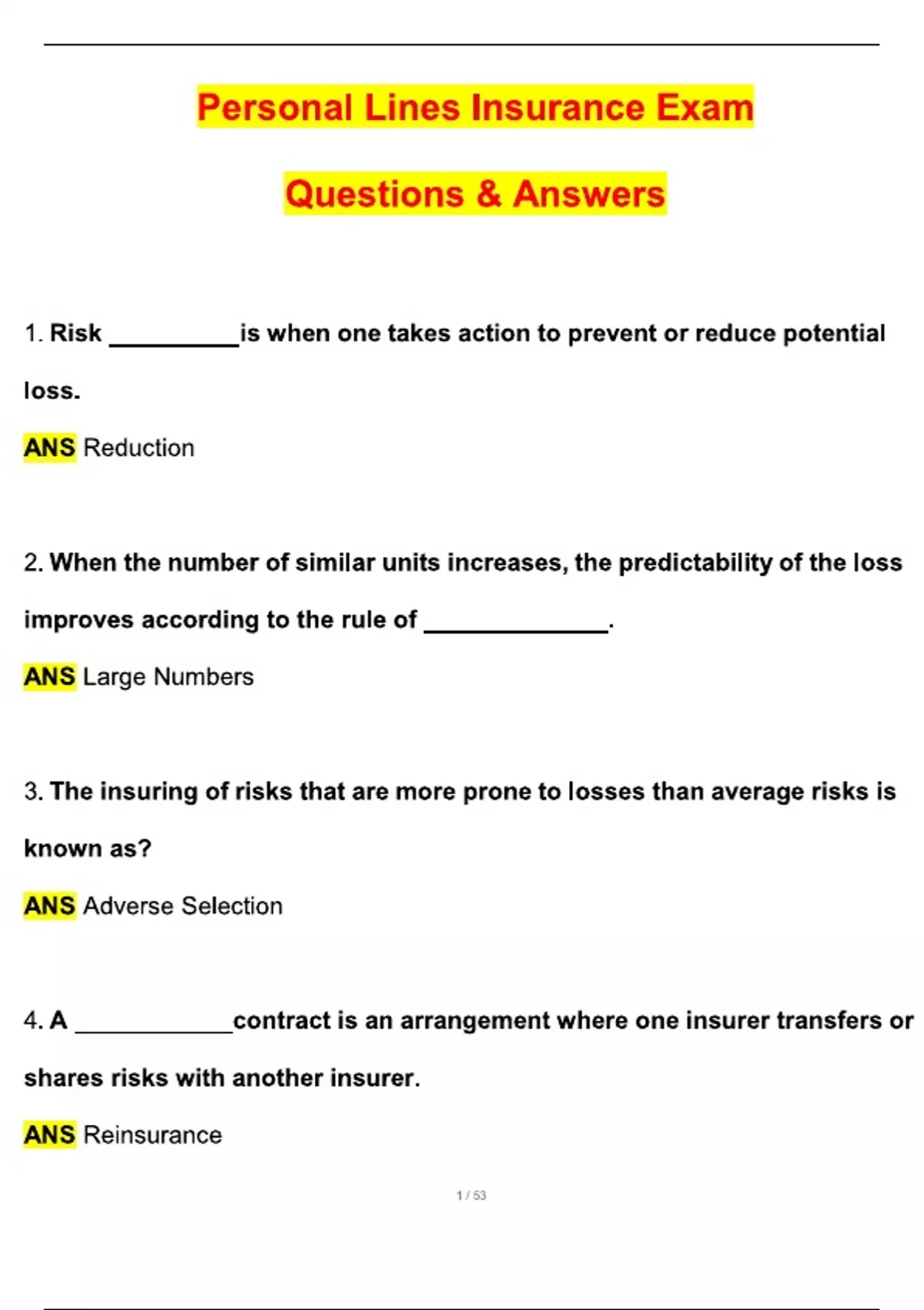 Personal Lines Insurance Exam (Latest 2025 / 2026 Update) Questions and ...