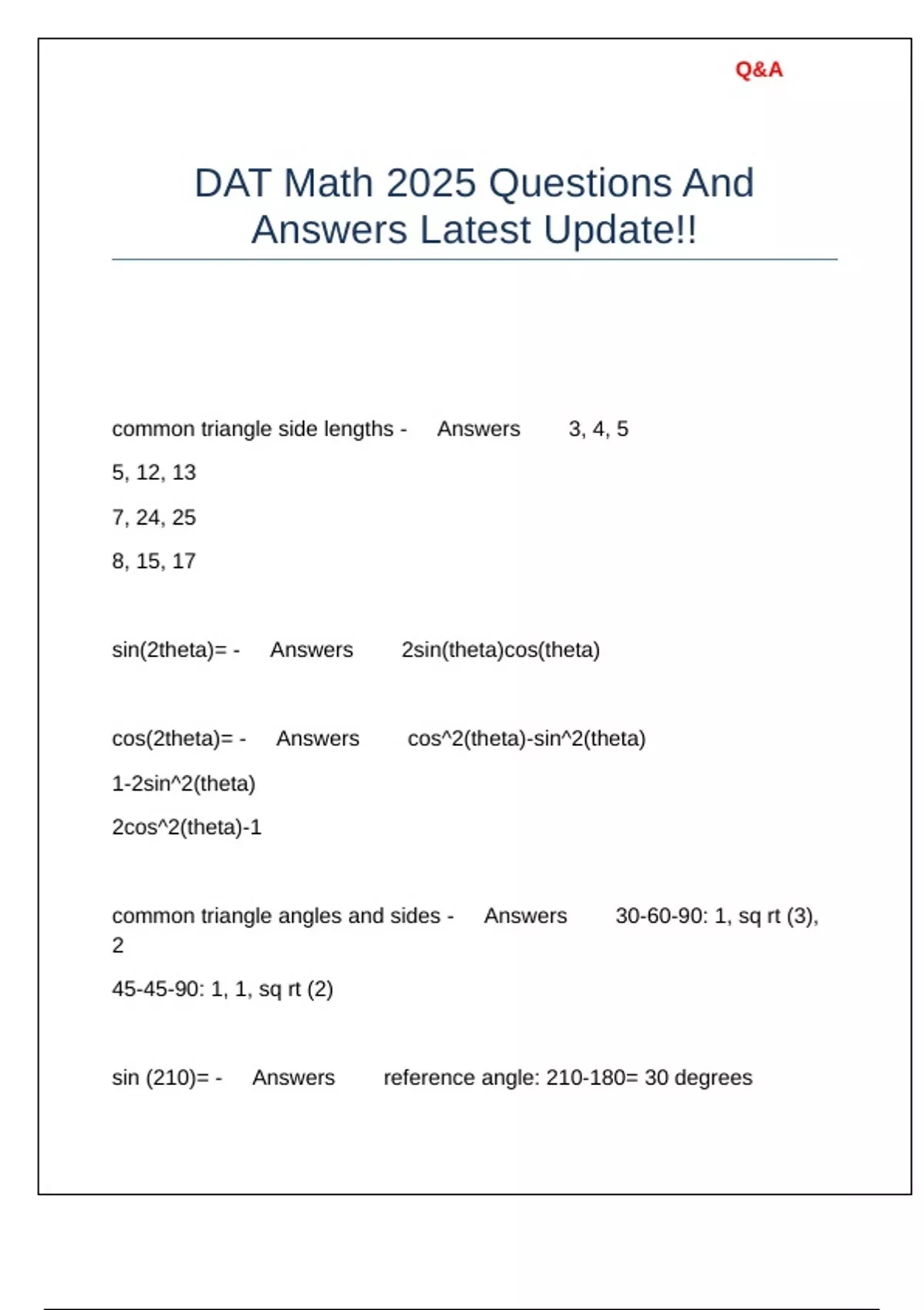 DAT Math 2025 Questions And Answers Latest Update!! - DAT - Stuvia US