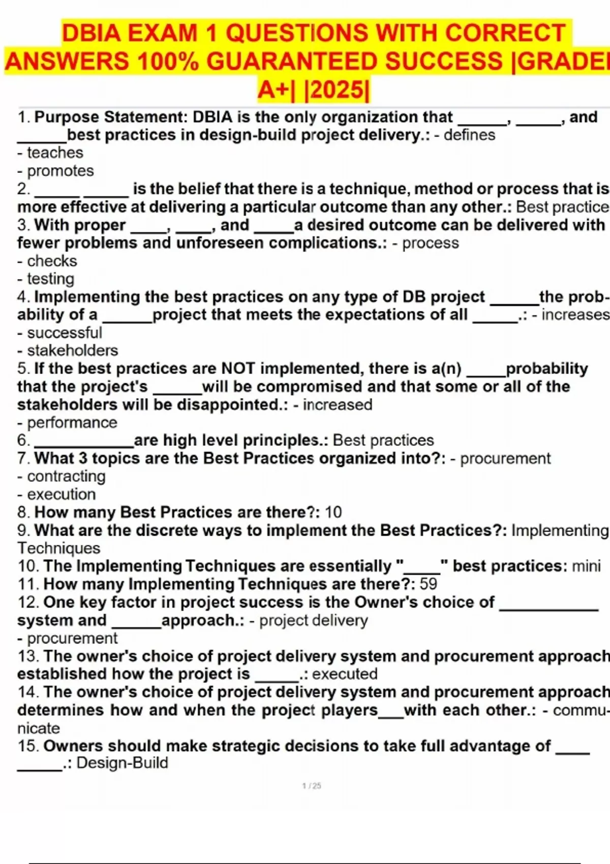 DBIA EXAM 1 QUESTIONS WITH CORRECT ANSWERS 100% GUARANTEED SUCCESS ...