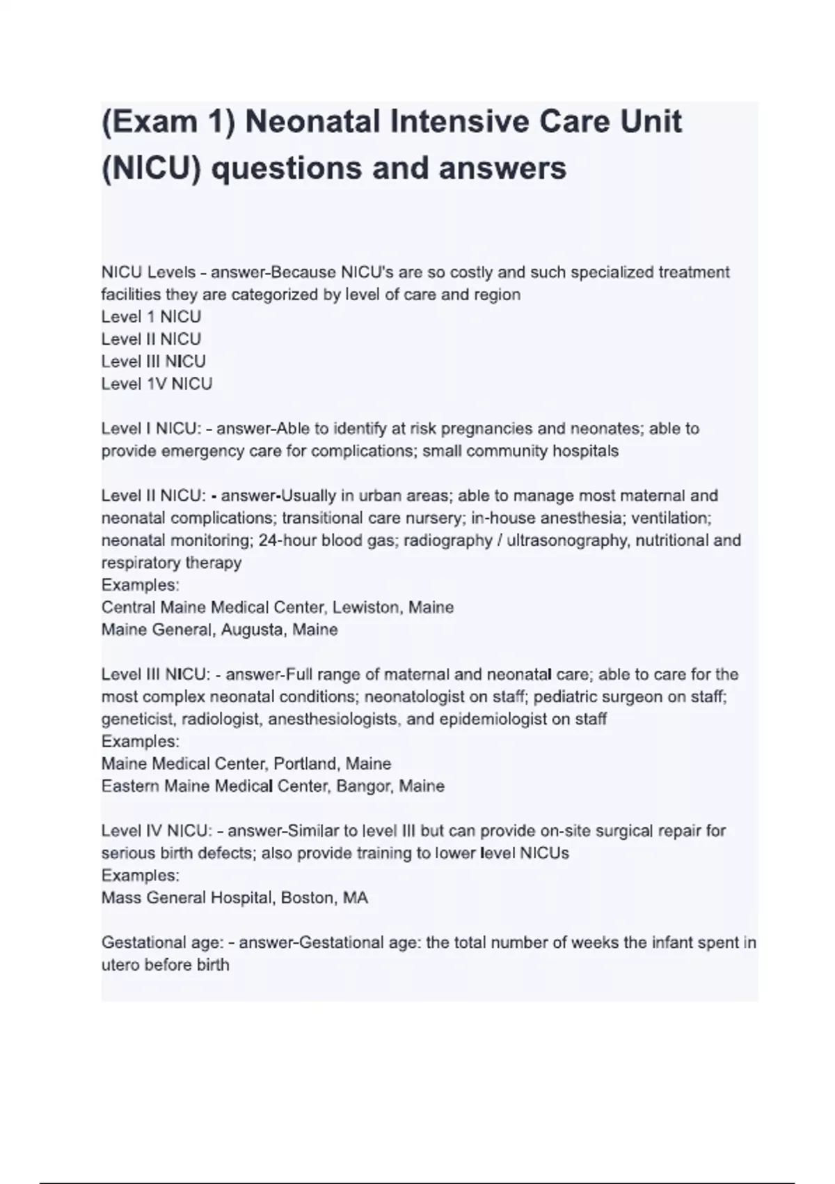 (Exam 1) Neonatal Intensive Care Unit (NICU) questions and answers ...