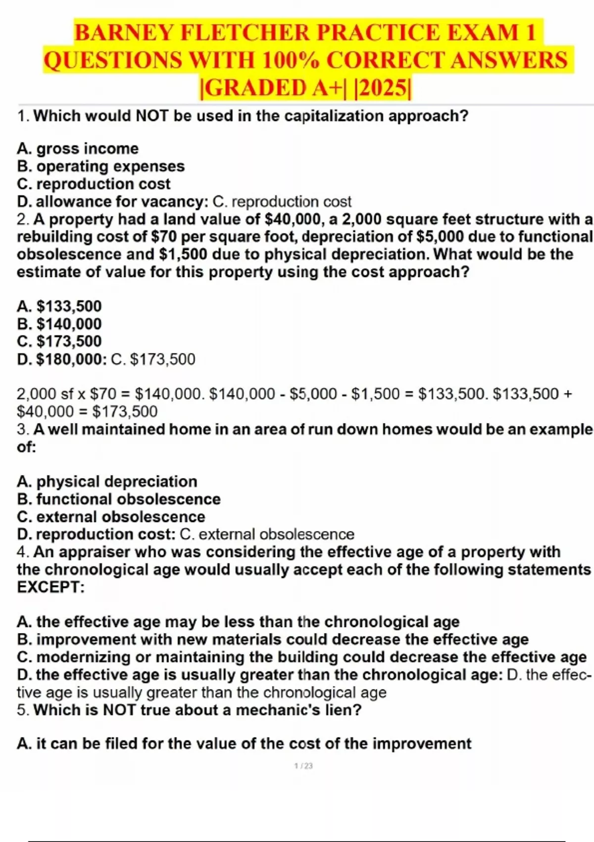 BARNEY FLETCHER PRACTICE EXAM 1 QUESTIONS WITH 100% CORRECT ANSWERS |GRADED A+| |2025| - BARNEY ...